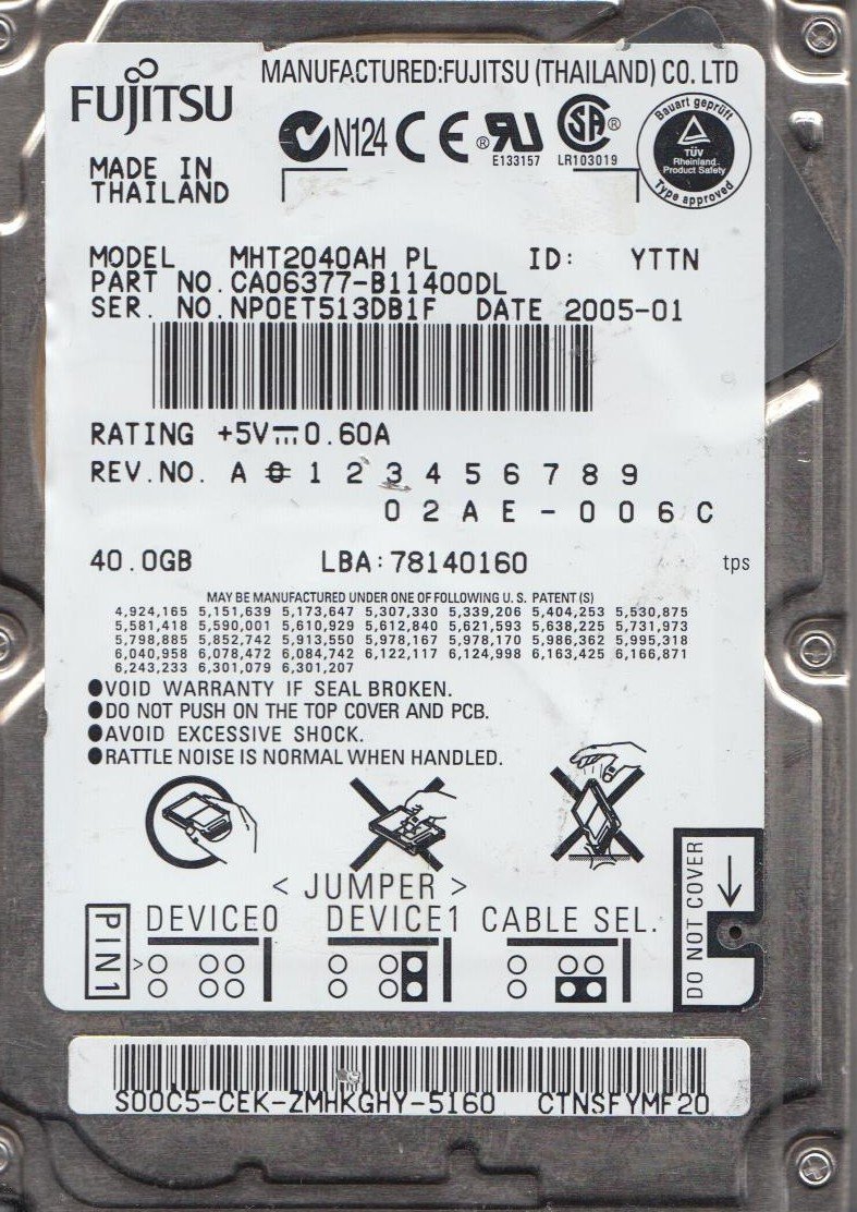 MHT2040AH-PL FUJITSU 40GB 2.5INCH IDE HARD DRIVE P/N: MHT2040AH-PL - FUJITSU