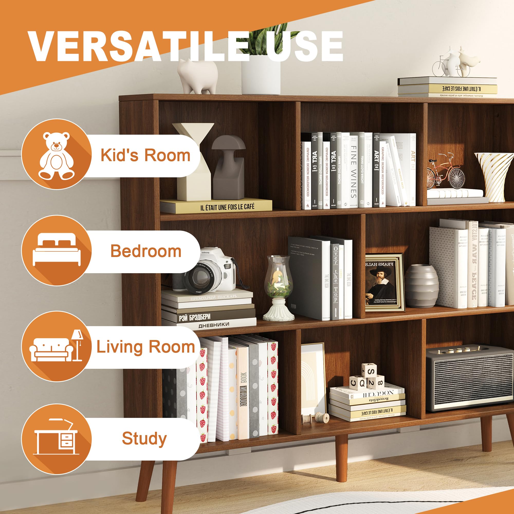 VICLLAX Wood 3 Tier Storage Shelf, 8 Cubes Free Standing Bookshelf with Legs, Display Bookcase for Living Room, Bedroom, Kids Room, Office, Walnut