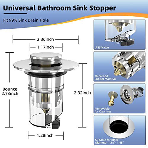 Bathroom Sink Stopper, 3 in 1 Pop Up Kitchen Bathtub Drain Stopper Plug, Sink Strainer for 1.18-1.65", with Shower Drain Hair Catcher Anti-Odor Valve Anti Clogging Bathroom Sink Drain Strainer