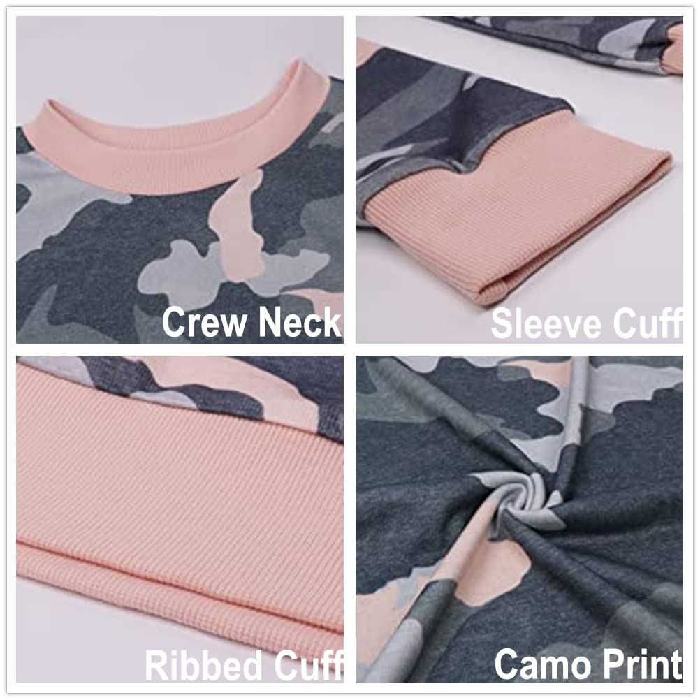 Barlver Women Casual Sweatshirts Fall Loose Lightweight Camouflage Long Sleeves Tops Cute Camo Crewneck Pullover green m