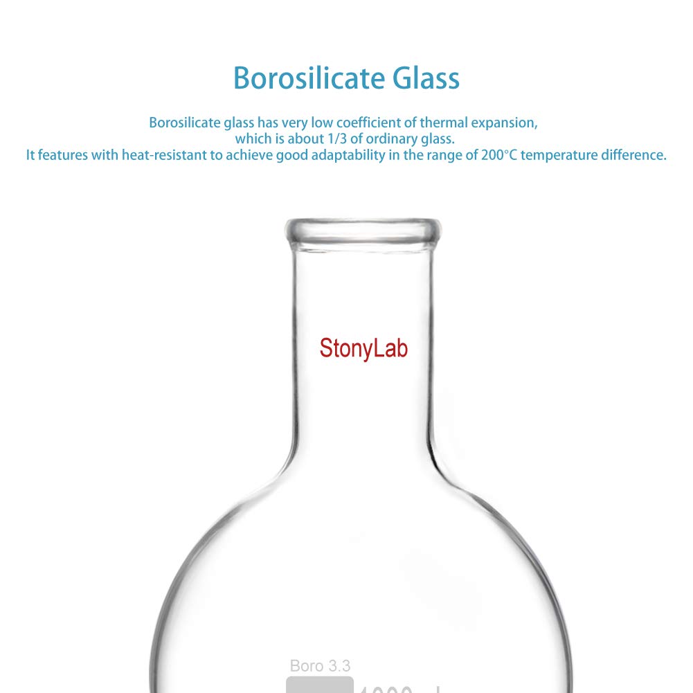 StonyLab Glass 1000ml Long Neck Flat Bottom Flask, Borosilicate Glass Heavy Wall Flat Bottom Boiling Flask with Long Neck, 1000ml (1 Liter)