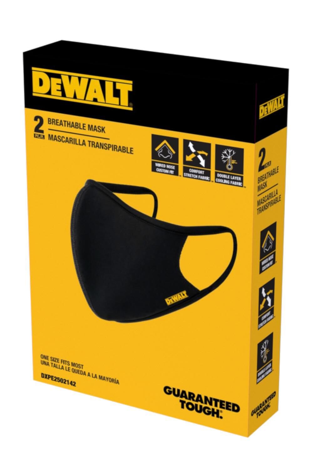 DEWALT Breathable Cloth Face Masks — Adjustable Earloops and Removable Neckstrap — Black — 2-Pack