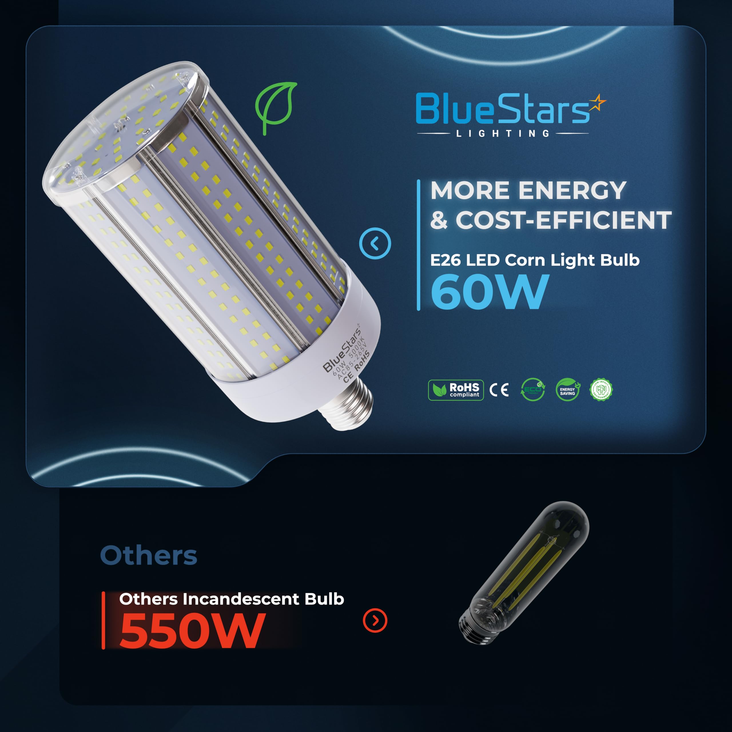 BlueStars Super Bright 60W E26 LED Corn Light Bulbs E26 Medium Base 4200 Lumens (550W Equivalent) Cool White 5000K, for Homes, Outdoors, Commercial, Warehouses, Garage & Backyard Lighting