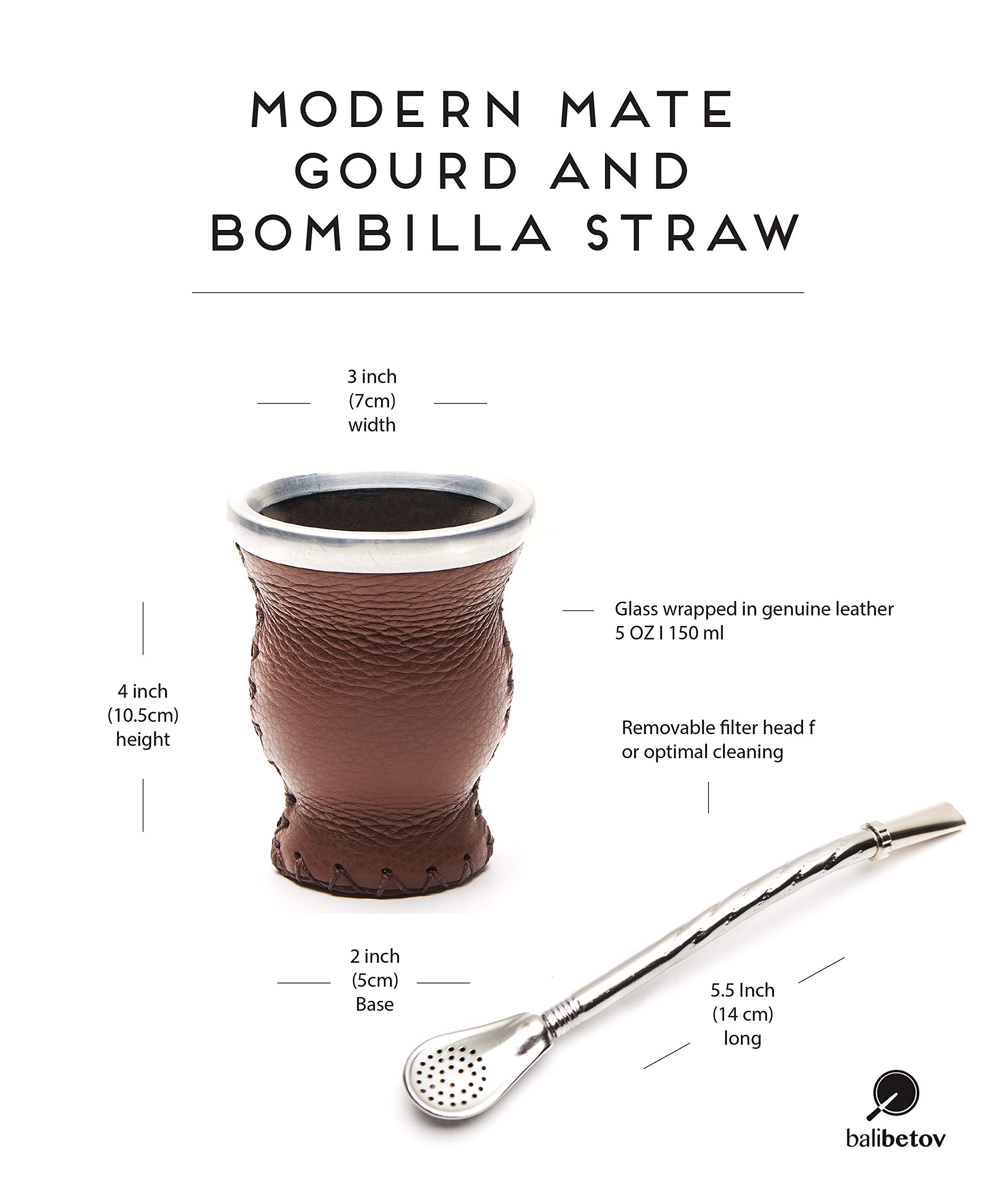 BALIBETOV [New Leather & Glass Yerba Mate Gourd Set (Mate Cup) with Yerba Mate Bombilla (Straw) (Brown)