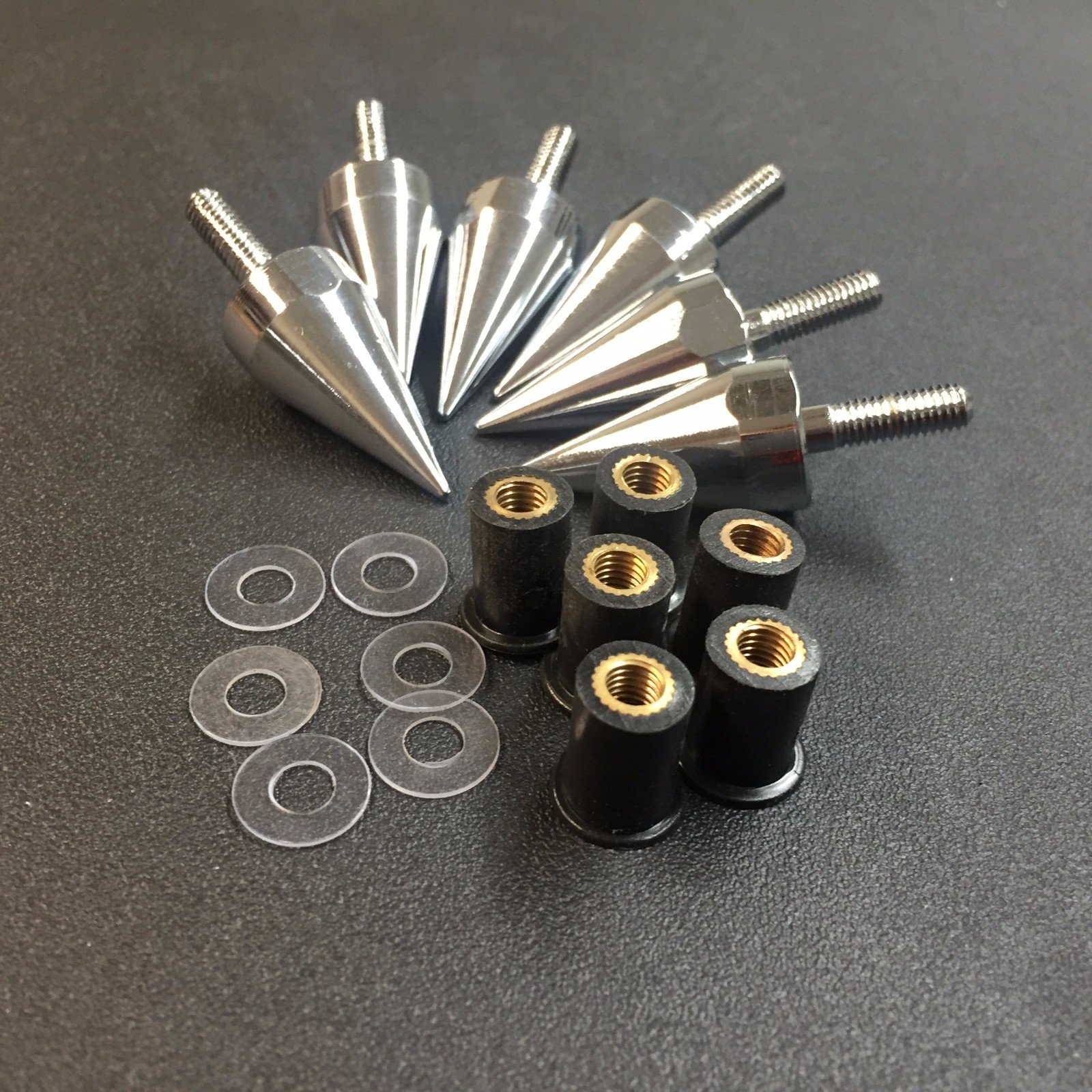 SEMT-Universal Chrome Motorcycle Spike Bolts with Mounting Parts Compatible with Windscreen Fairings License Plate [B074NVVQZD]