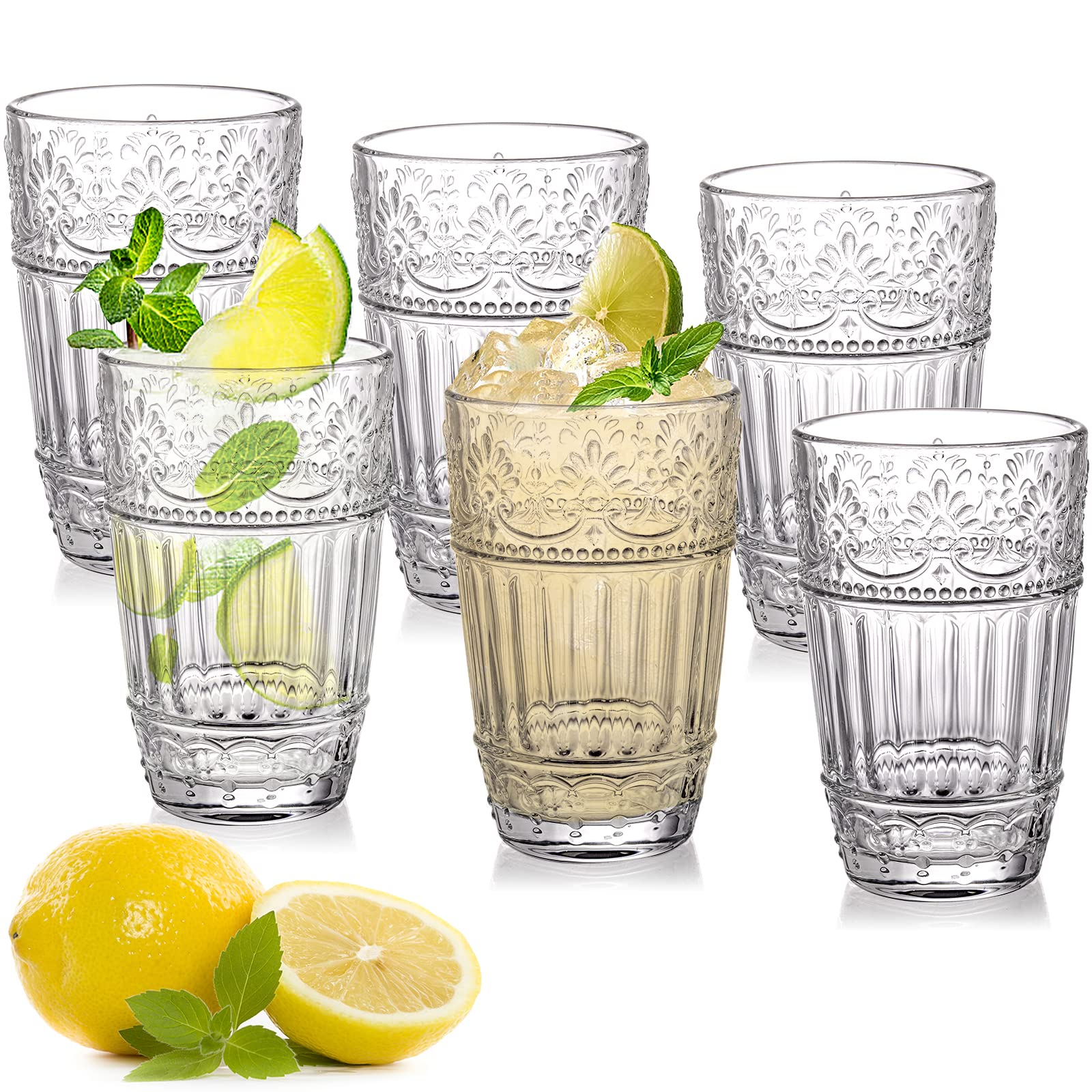 AVLA 6 Pack Romantic Water Glasses, 12 OZ Drinking Glasses Tumblers, Vintage Iced Coffee Glassware Set, Premium Bar Drinkware Cup for Beverages, Tea, Juice, Whiskey, Cocktail, Embossed Design