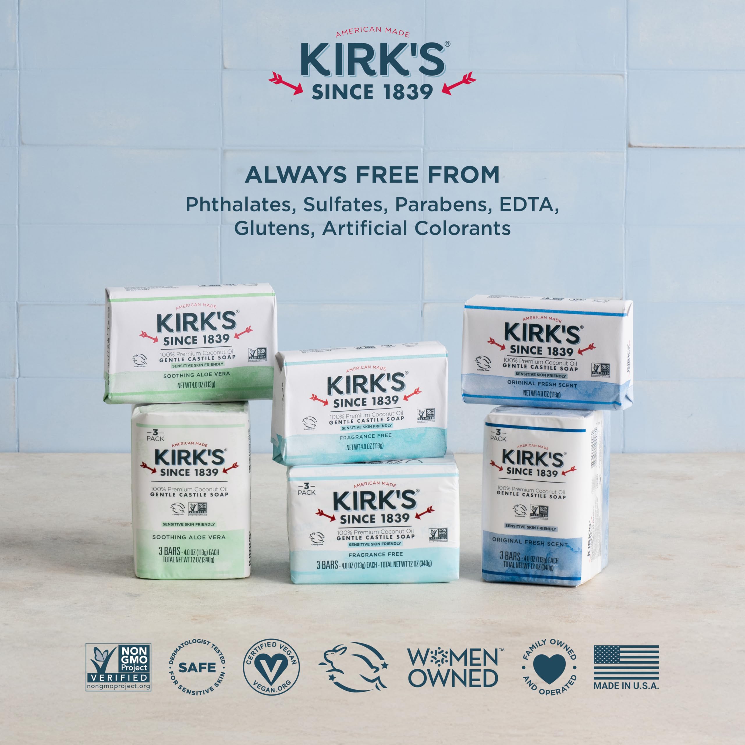 Kirk's Castile Bar Soap for Men, Women & Children - Made With Premium Coconut Oil, Sensitive Skin Formula, Vegan, Non GMO, Original Fresh Scent, 4 oz. Bars, 6 Pack