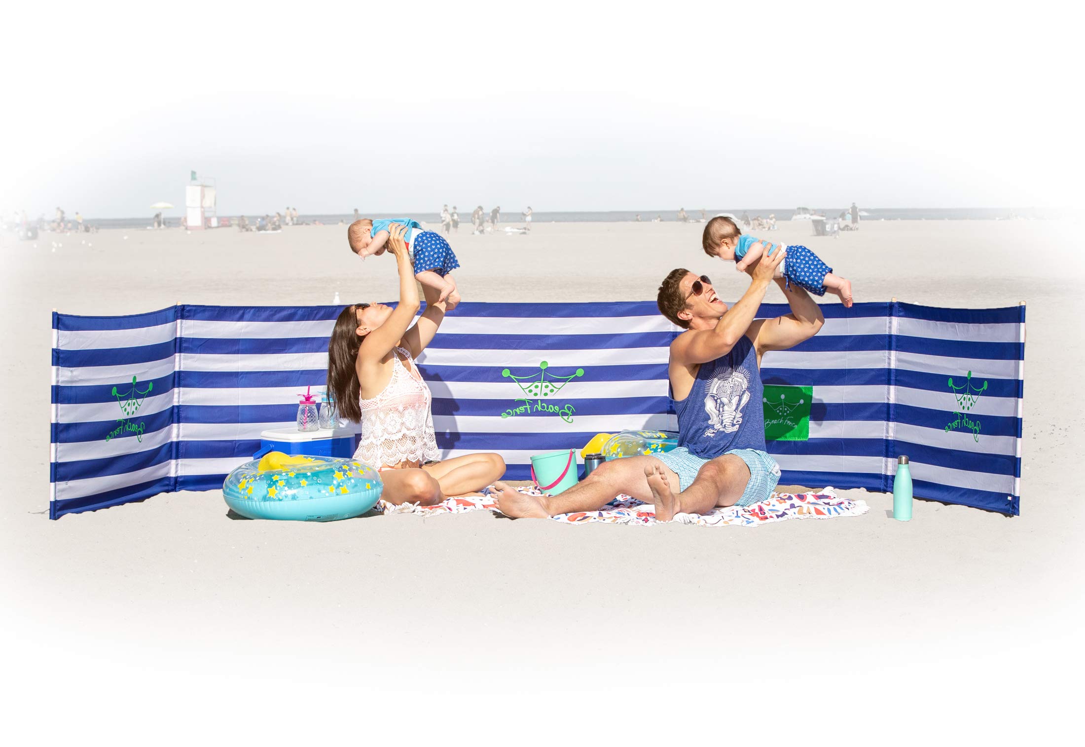 BEACH FENCE Premium 20 ft Beach Windscreen, Privacy Screen, Wind Blocker - Original Nautical, Free Rubber Mallet and Carry Bag Included