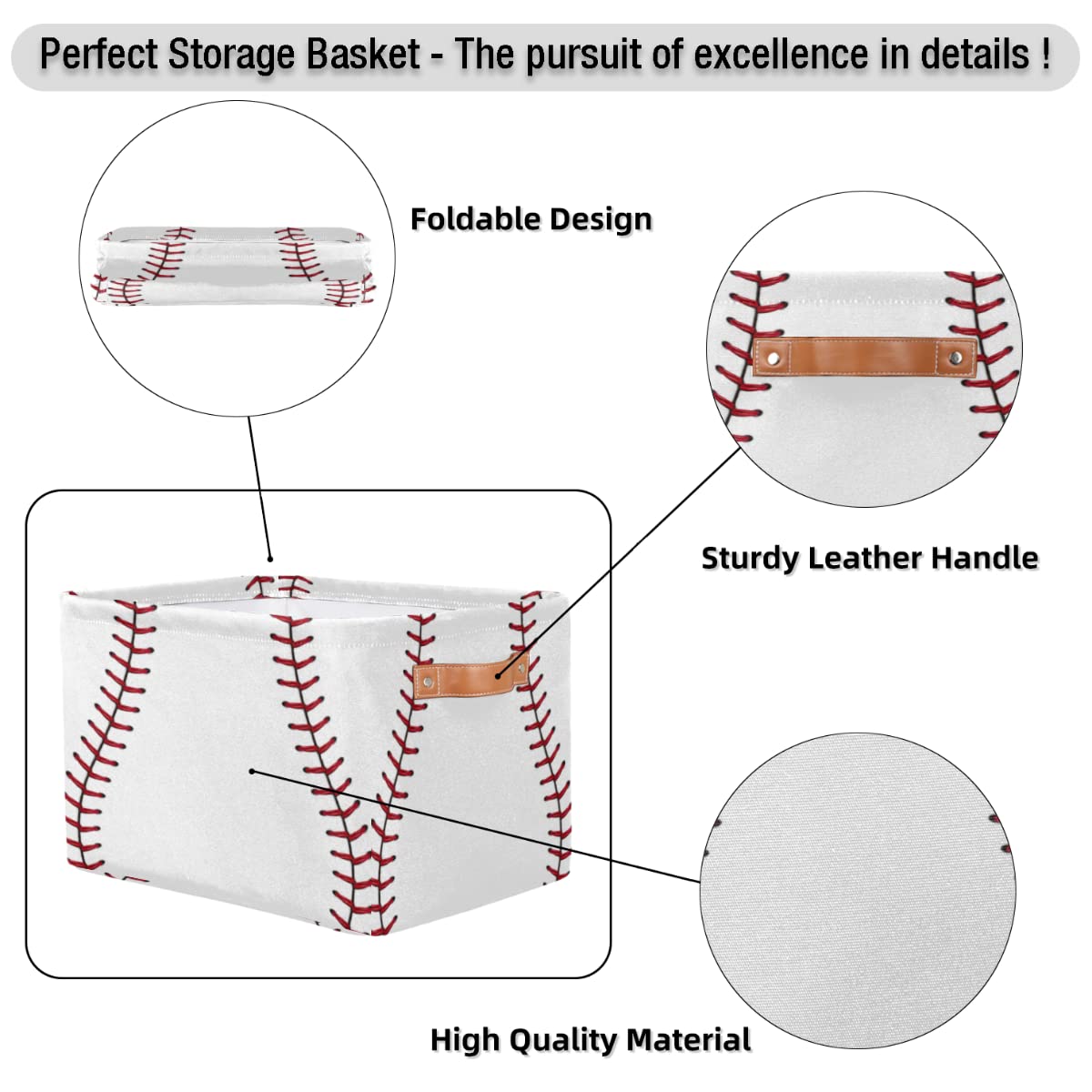 AUUXVA Baseball Stitches Laces Storage Bins Baskets Fabric Laundry Baskets, Red Softball Storage Cube Boxes Organizer Bag Bin for Toy Organizing Book Storage Shelves Nursery Closet