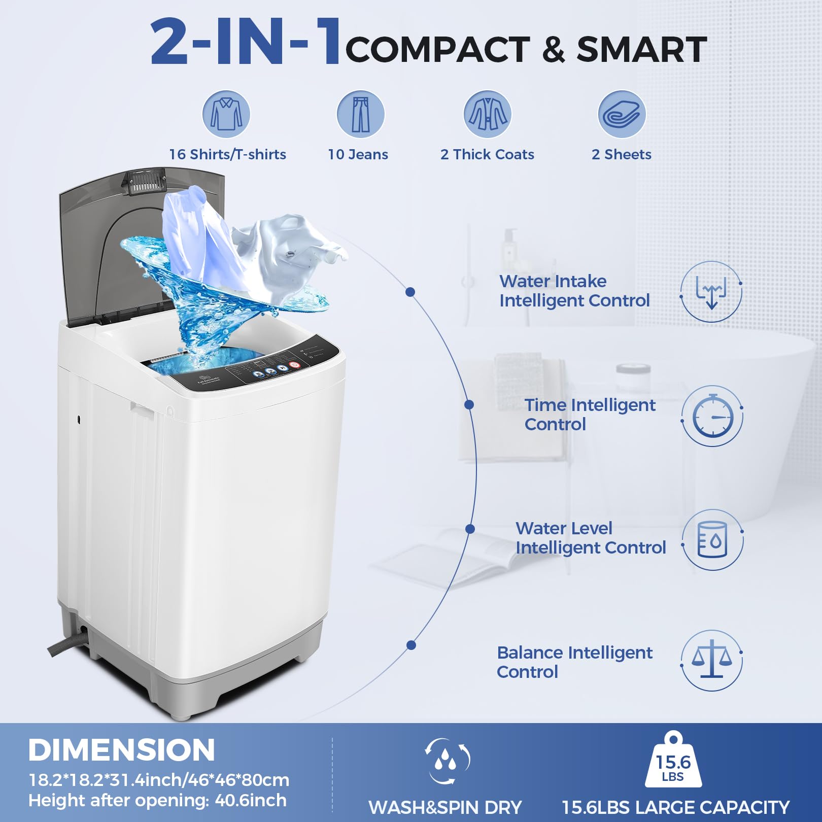 Nictemaw Portable Washing Machine 15.6lbs Capacity Full-Automatic Portable Washer and Dryer Combo with 10 Programs and 8 Water Level Selections 2.1 Cu.ft Compact Washer for Apartments, Home, Dorms, Rv