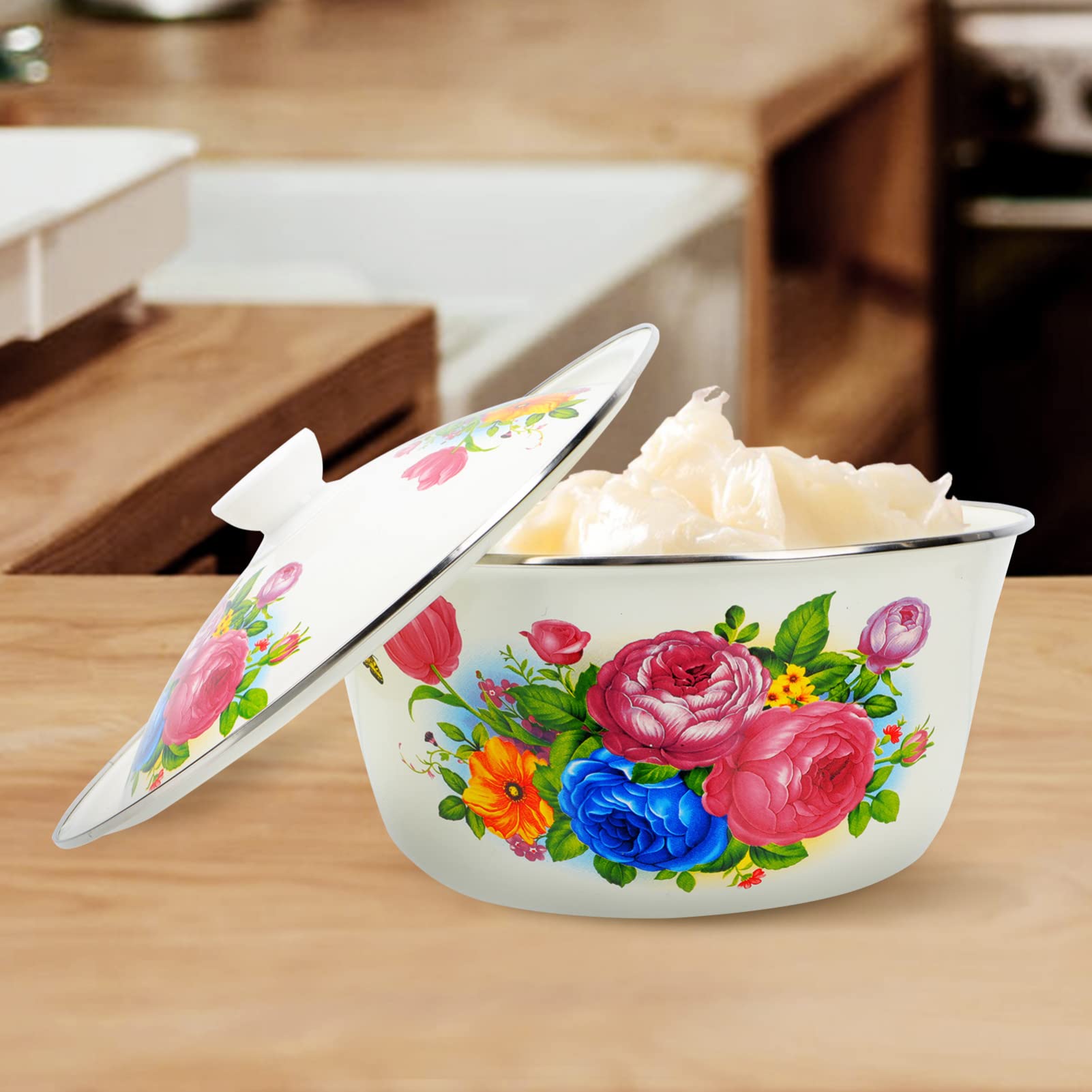 Angoily Enamel Mixing Bowl with Lid Flower Large Salad Bowl Enamelware Washing Basin Chinese Style Soup Bowls Vintage Serving Bowl for Ramen Asian Dishes Cereal Rice Noodle