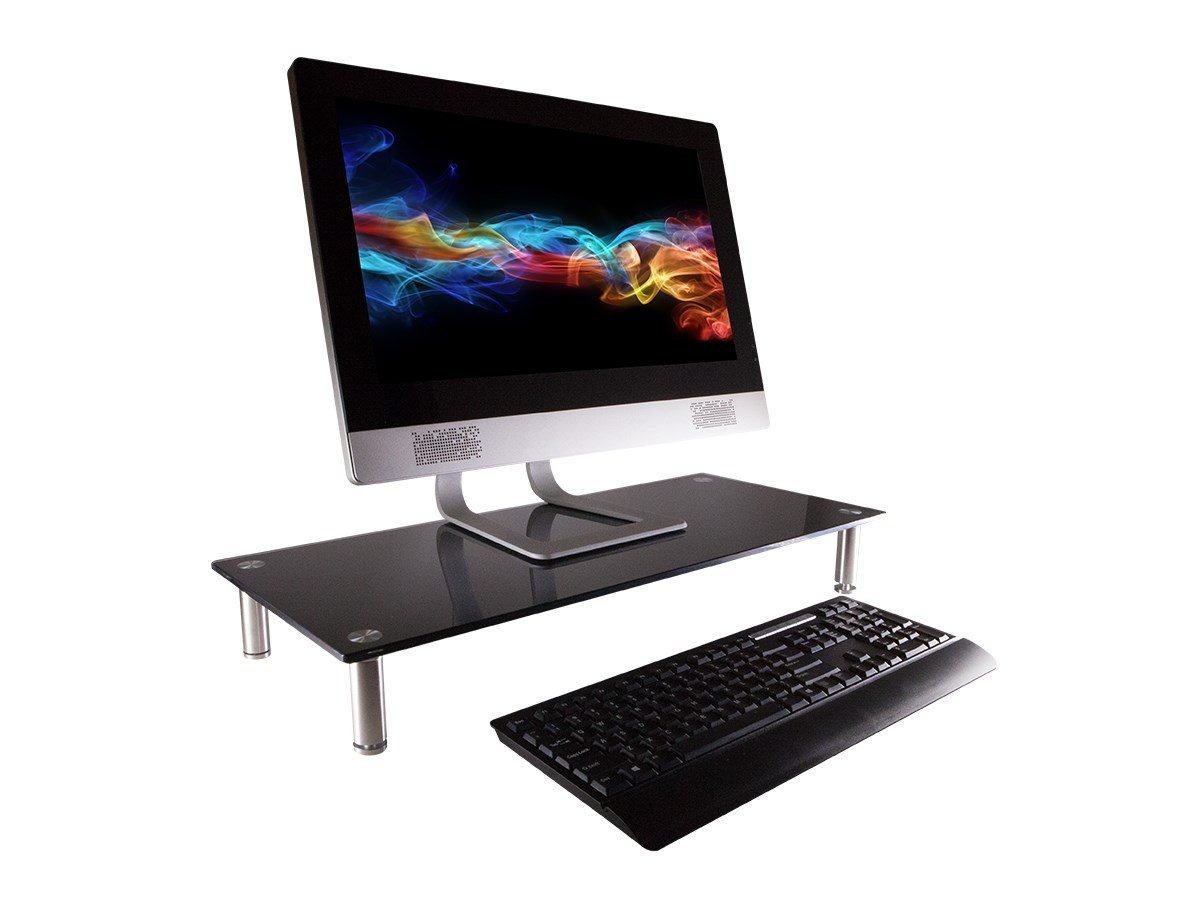 Monoprice Medium Multimedia Desktop Stand, Black Glass (27.6" x 12.2" x 3") - Stand & Riser, Laptop Stand, Desktop TV Stand, Dual Monitors w/ Height Adjustable Legs - Workstream Collection (116360), 25.6" x 11.0"