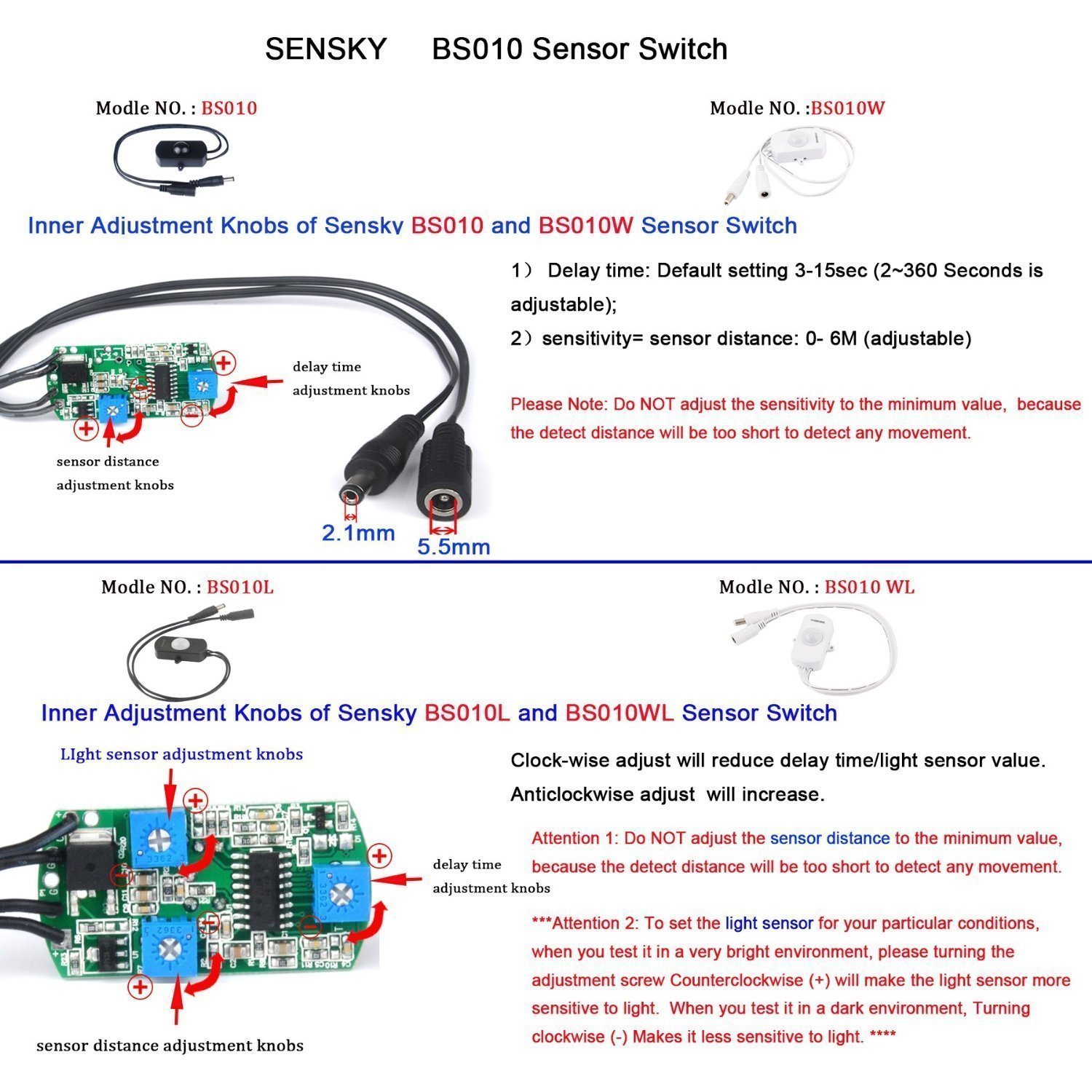 Sensky BS010W DC 12v to 30v PIR Motion Activated Sensor Switch DIY LED Lighting ( Delay Time, Sensor Distance Adjustable )