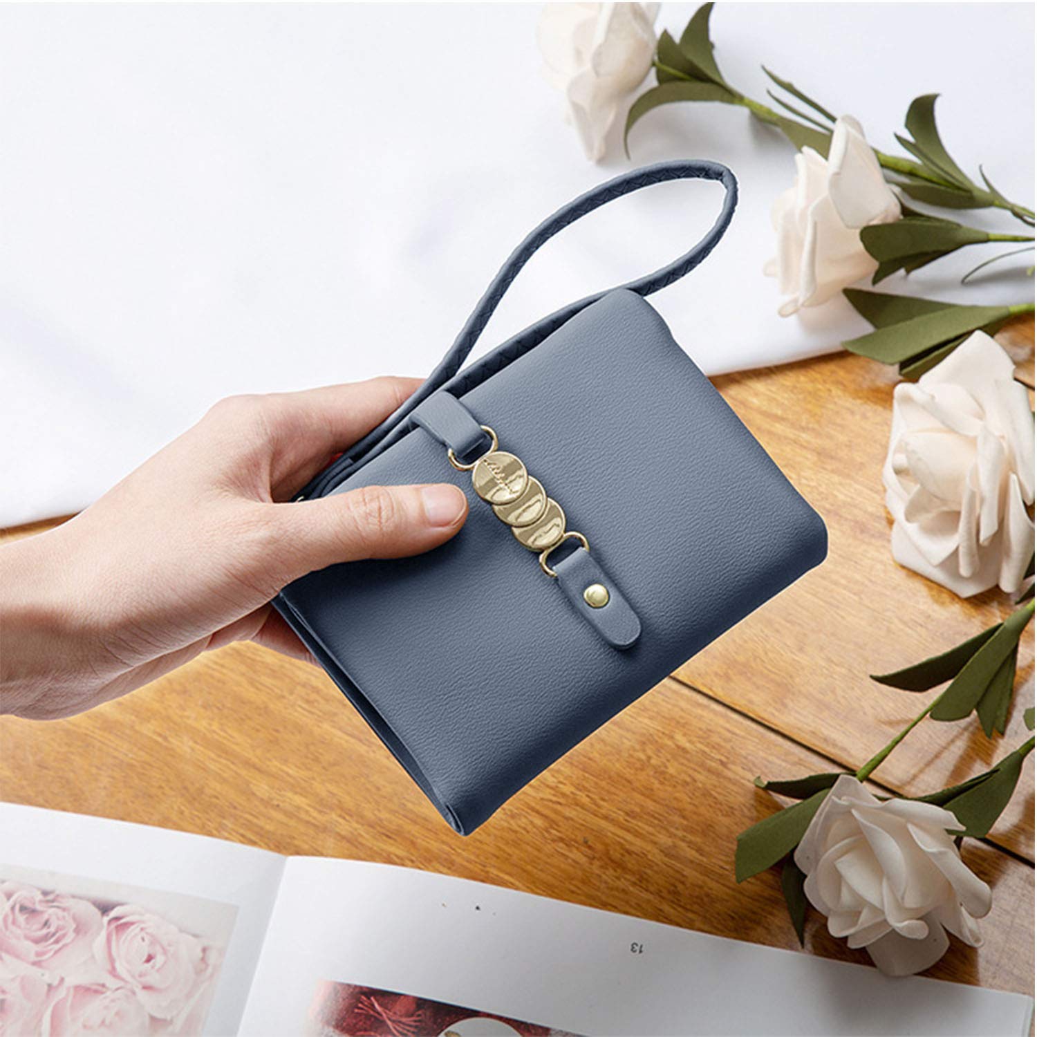 AOXONEL Womens Wallets Small Rfid Bifold Wristlet,Ladies Wallets for Card Coin,Change Purse with Wrist Strap (Blue)