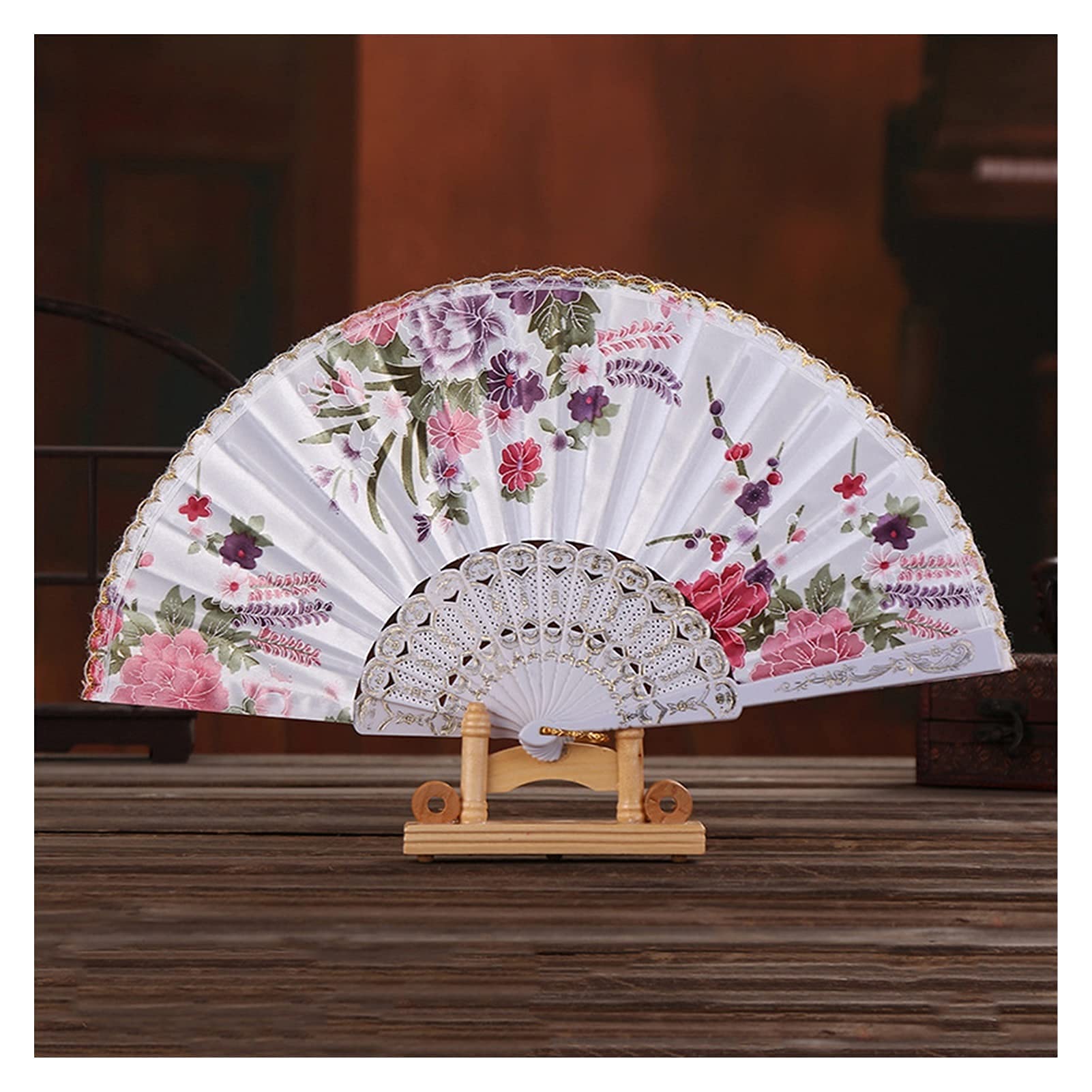 beautiful Chinese Style Hand Held Folding Dance Fan Wedding Party Lace Silk Folding Hand Held Flower Fan Wedding Party Fan Dance Decoration Performance Accessories (Color : Purple) ( Color : Red ) ( C