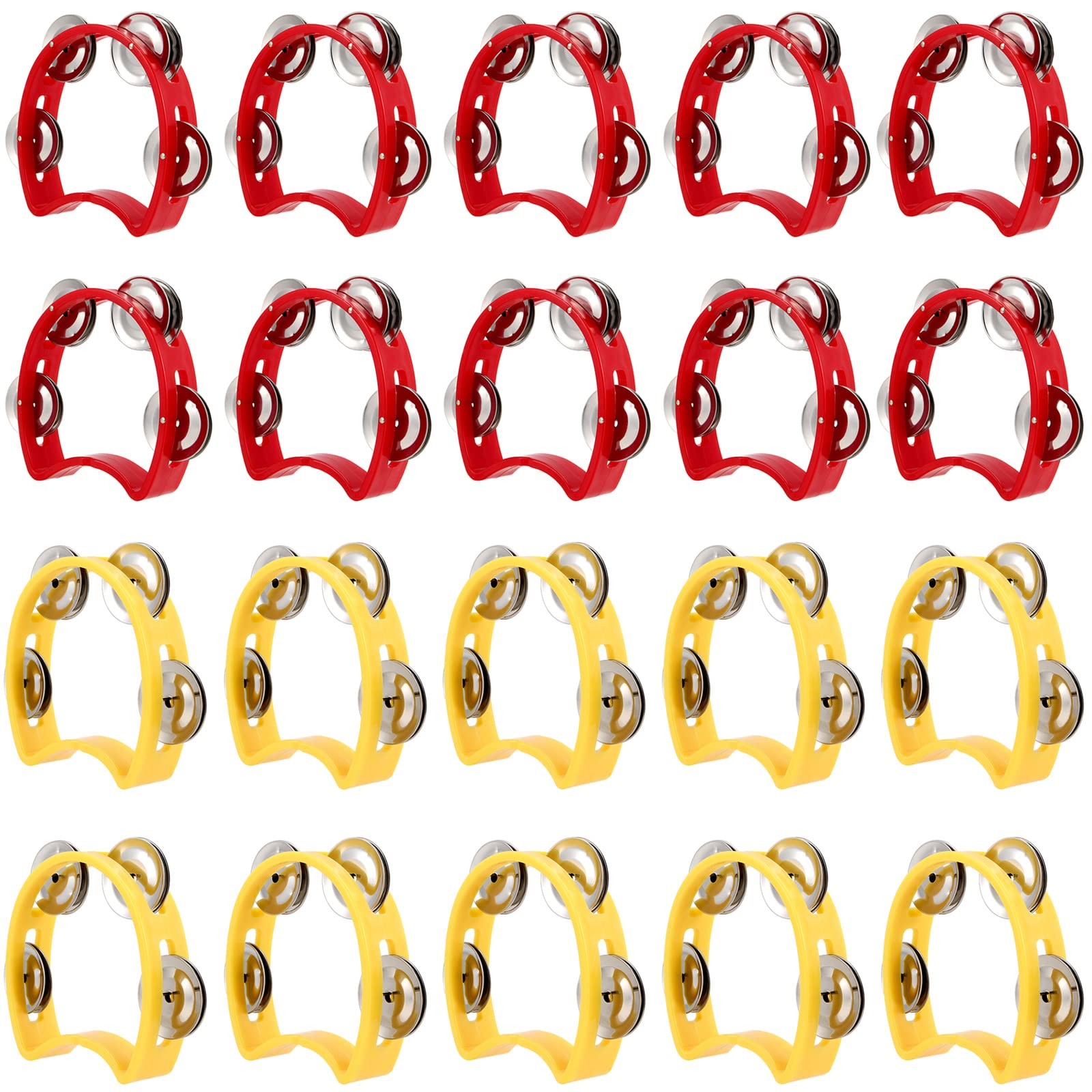 MUKLEI 20 Pack 4 Inch Mini Handheld Tambourine, Half Moon Musical Tambourine for Music Center Little Boys or Girls Center Party, Red and Yellow