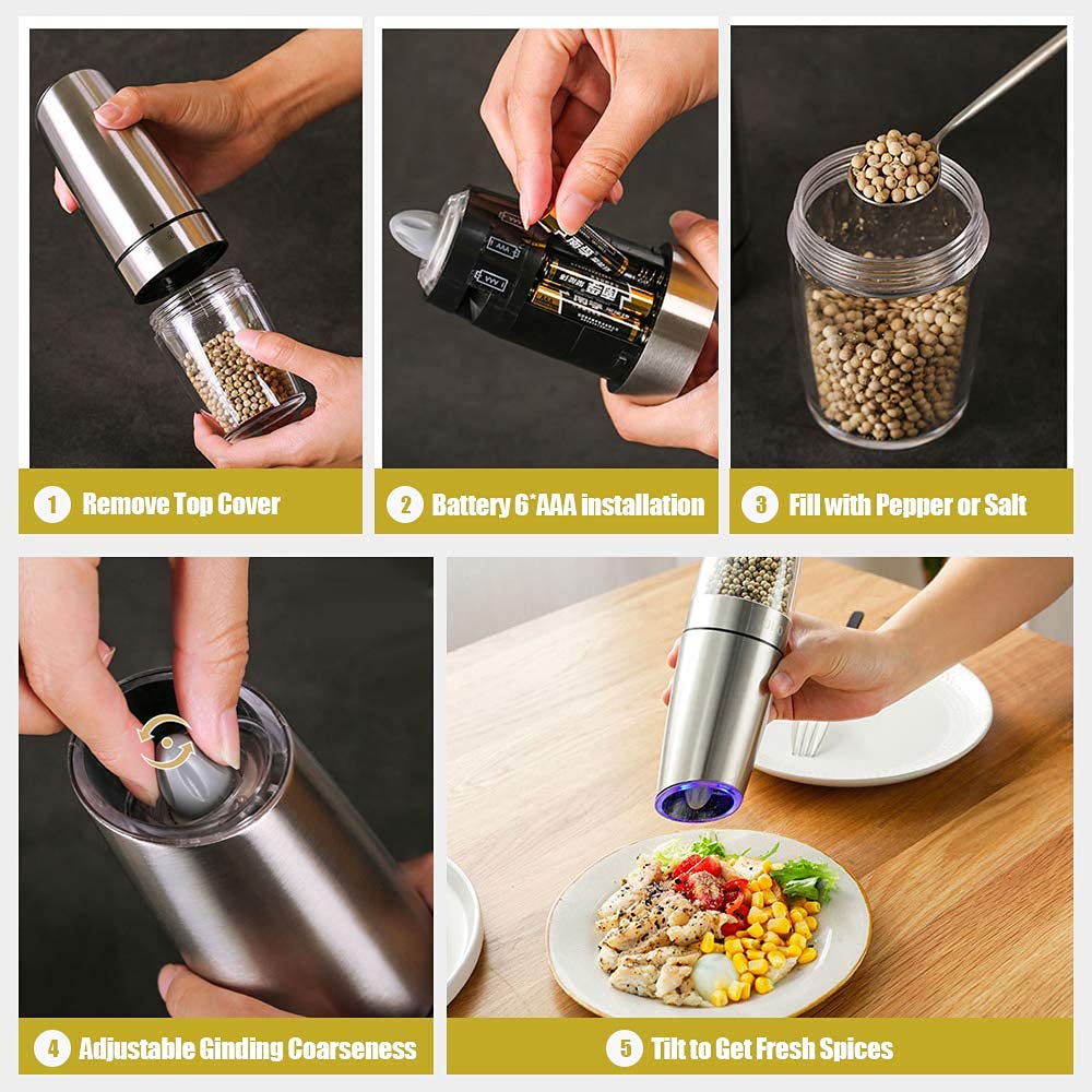 AVNICUD Electric Salt and Pepper Grinder, Automatic Pepper Mill, Gravity Salt Grinder, Battery-Operated with Adjustable Coarseness, LED Light, One Hand Operated (Silver 2Pack)