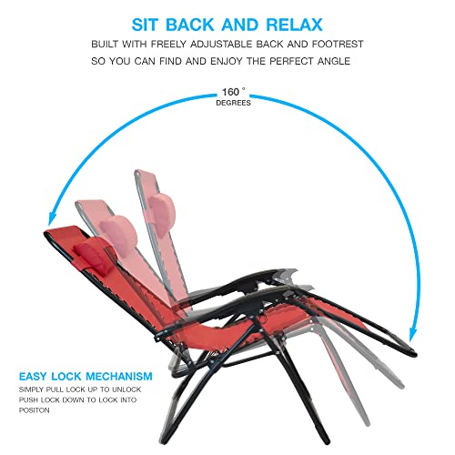Sun-Ray Oversized Patio Chair with Leg Stabilizers and Big Cupholder, Adjustable Zero Gravity Folding Reclining Outdoor Chair with Pillow, Ruby Red