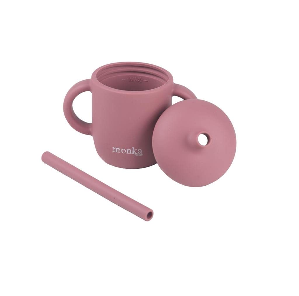 BPA Free Silicone Cups Set of Two - Food Catcher - Sippy Cup - Non Toxic Material - Silicone Straw - Foldable Snack Cup -for Babies and Toddlers - by MONKA (pink)