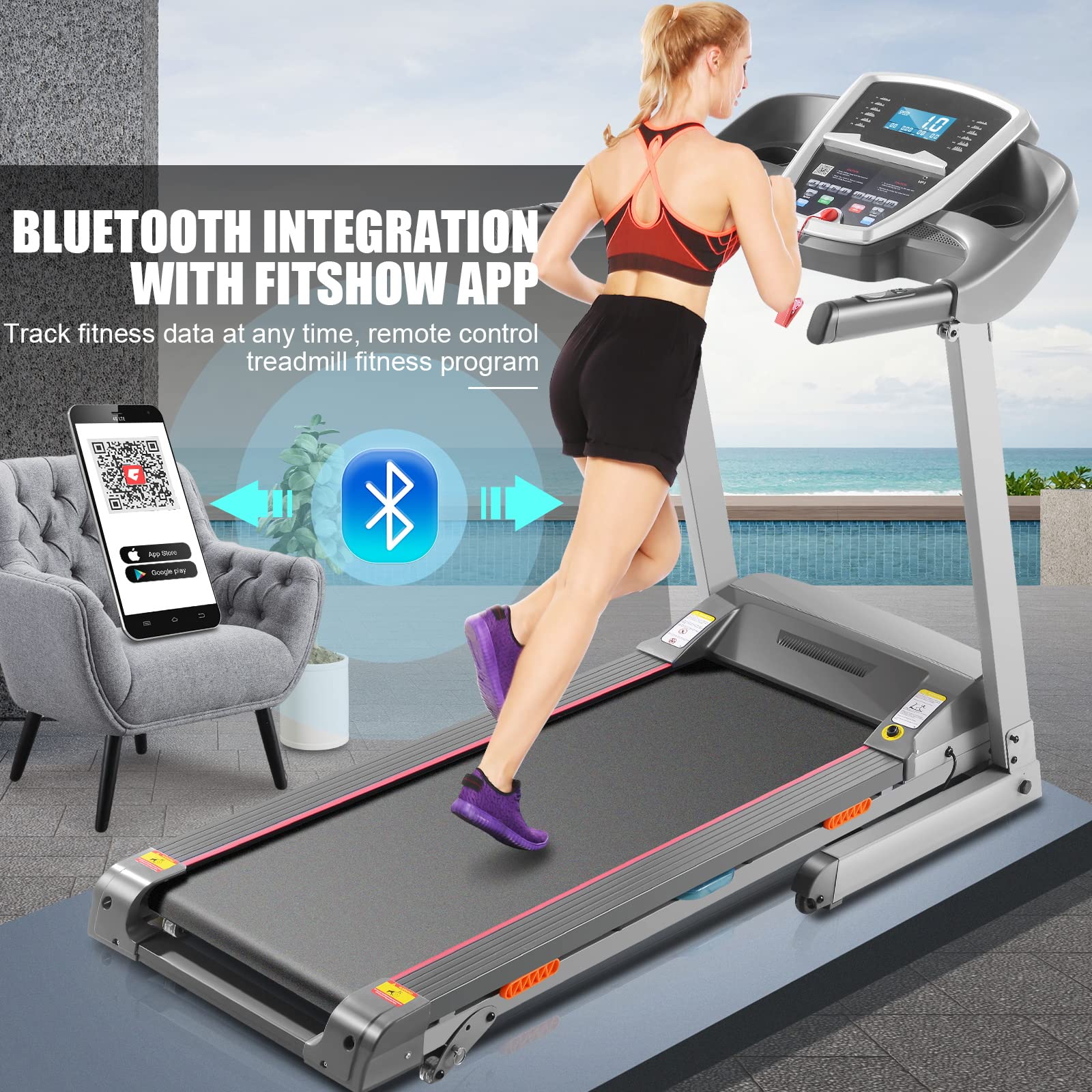 ANCHEER Treadmill 300lbs Capacity 3.25HP Folding Electric Treadmills for Home with Incline Smart APP Control Exercise Running Machine for Gym & Office Workout Easy Assembly