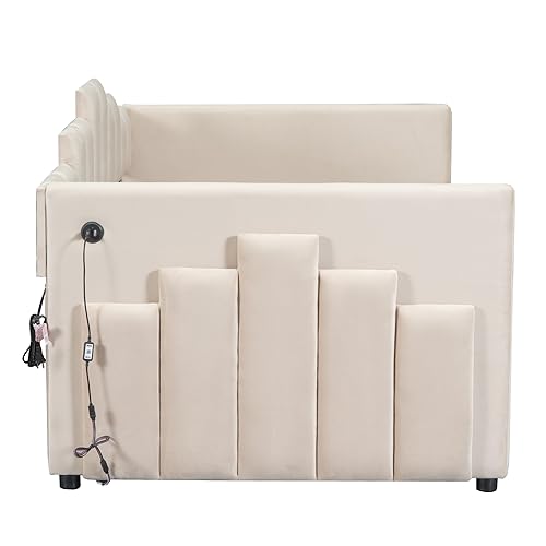 DEYOBED Twin Size Upholstered Daybed with Trundle, Light and 2 USB Ports, Twin Day Bed Sofa Bed Frame for Bedroom Living Room Guestroom, No Box Spring Needed, Beige