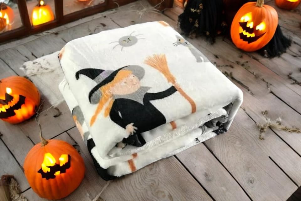 Halloween Throw Blanket: Cute Girl Witch with Faithful Cat Surrounded by Spiders and Bats Print on Fuzzy Soft Velvet Fleece Throw Blanket