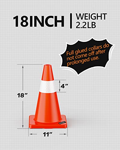 BATTIFE 6Pack 18inch Traffic Safety Cones with Reflective Collars, PVC Orange Construction Cone for Home Road Driveway Parking