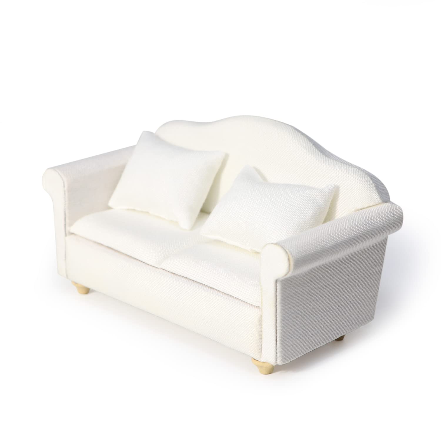 Dollhouse Couch Miniature Furniture Sofa with Pillows for Living Room Desktop Decoration Fabric Sofa Mini Home Scene Accessories Ornament (Double Sofa, White)