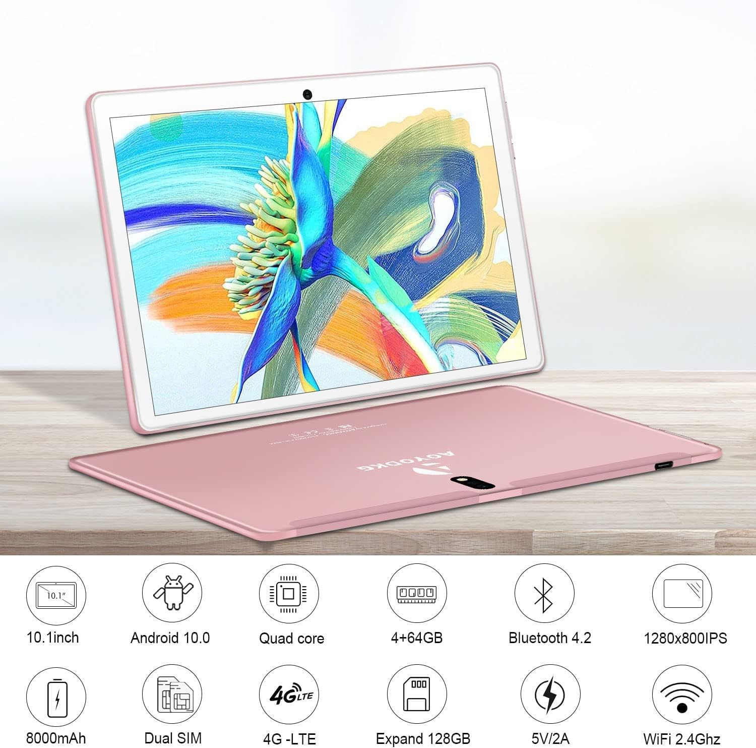 AOYODKG 10 inch Tablet,Android 10 Tablet with 4GB RAM 64GB ROM/128GB Expansion Dual 4G Tablet with SIM Card Slot, 8-Core/HD IPS Tablets, 8000mAh, 13MP Dual Camera, WiFi Gaming Tablets(Pink)