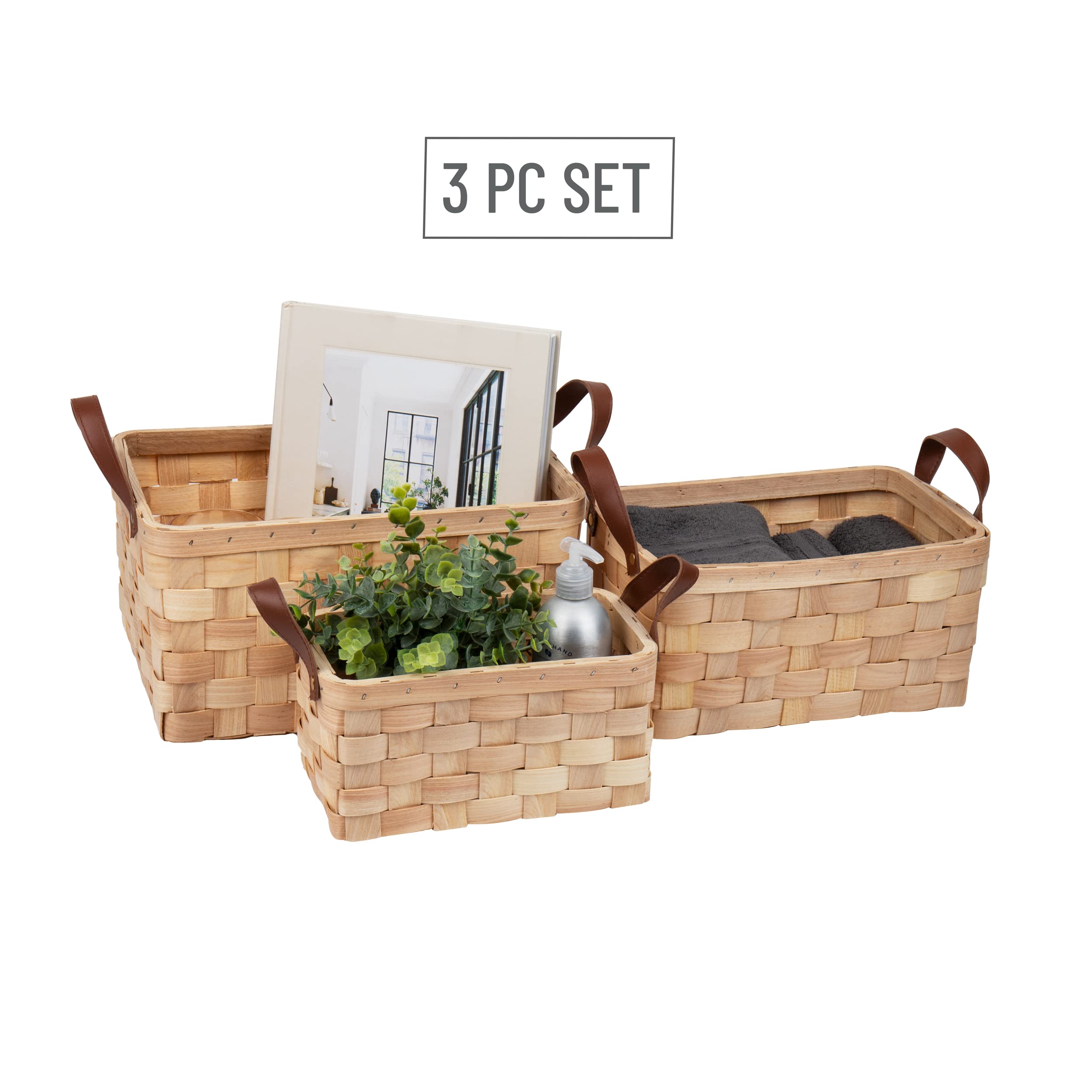 Maison Sucasa Wood Chip Nesting Storage Bin Set, 11, 13, and 16 Lb. (4.9, 5.9 and 7.25 Kg) Capacity, Leather Strap Handles, Home Decor, Set of 3, Brown