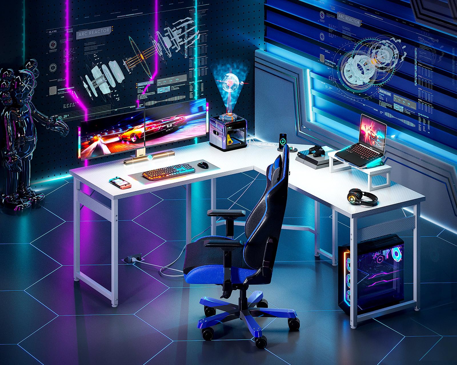 Casaottima L Shaped Gaming Desk, Corner Desk Gaming Table with Monitor Stand for Home Office, Computer Desk for Small Space, White