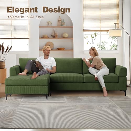 CAODOC 96" Sectional Sofa, Corduroy Fabric Modern Reversible Couch, L Shaped 3-Seat Sofa Couch with Chaise for Living Room, Green