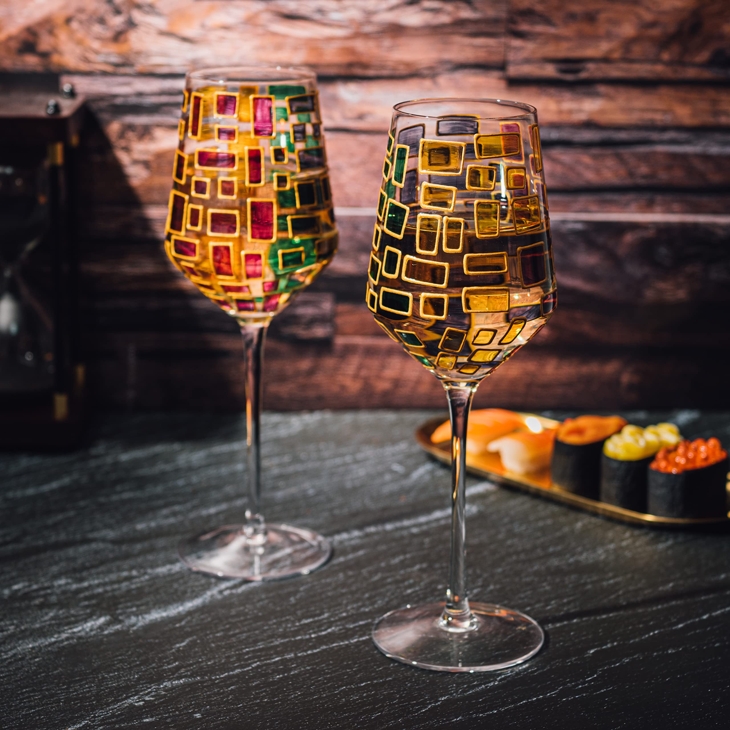 Artisanal Hand Painted Stemmed Wine Glasses - Gift for, Friends, Girlfriends, Sagrada Renaissance Stain-glassed Windows Wines Glass Set of 2 - Gift Idea for Birthday, Housewarming, Extra Large Goblets