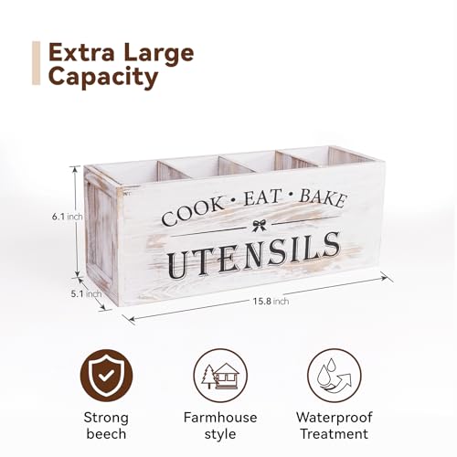 WDT Tool Utensil holder for Kitchen Counter Large Round Utensils Holder with Wooden Base Matte Black Cooking Utensil Holder,Kitchen countertop Utensil Organize (White-4 Compartments)