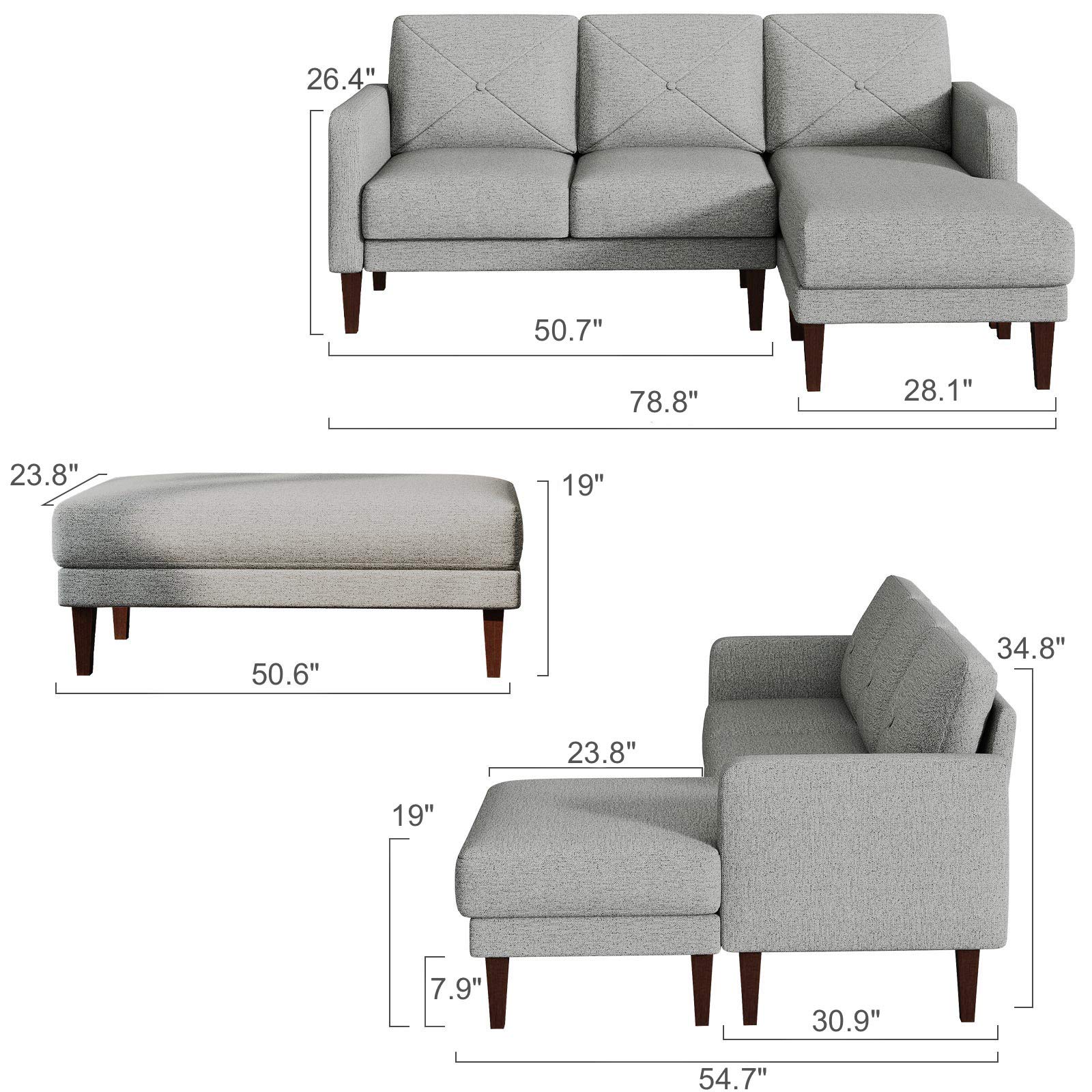 Belffin Convertible Sectional Sofa Couch with Ottoman Reversible L Shaped Sofa Couch Set in Fabric Dark Grey