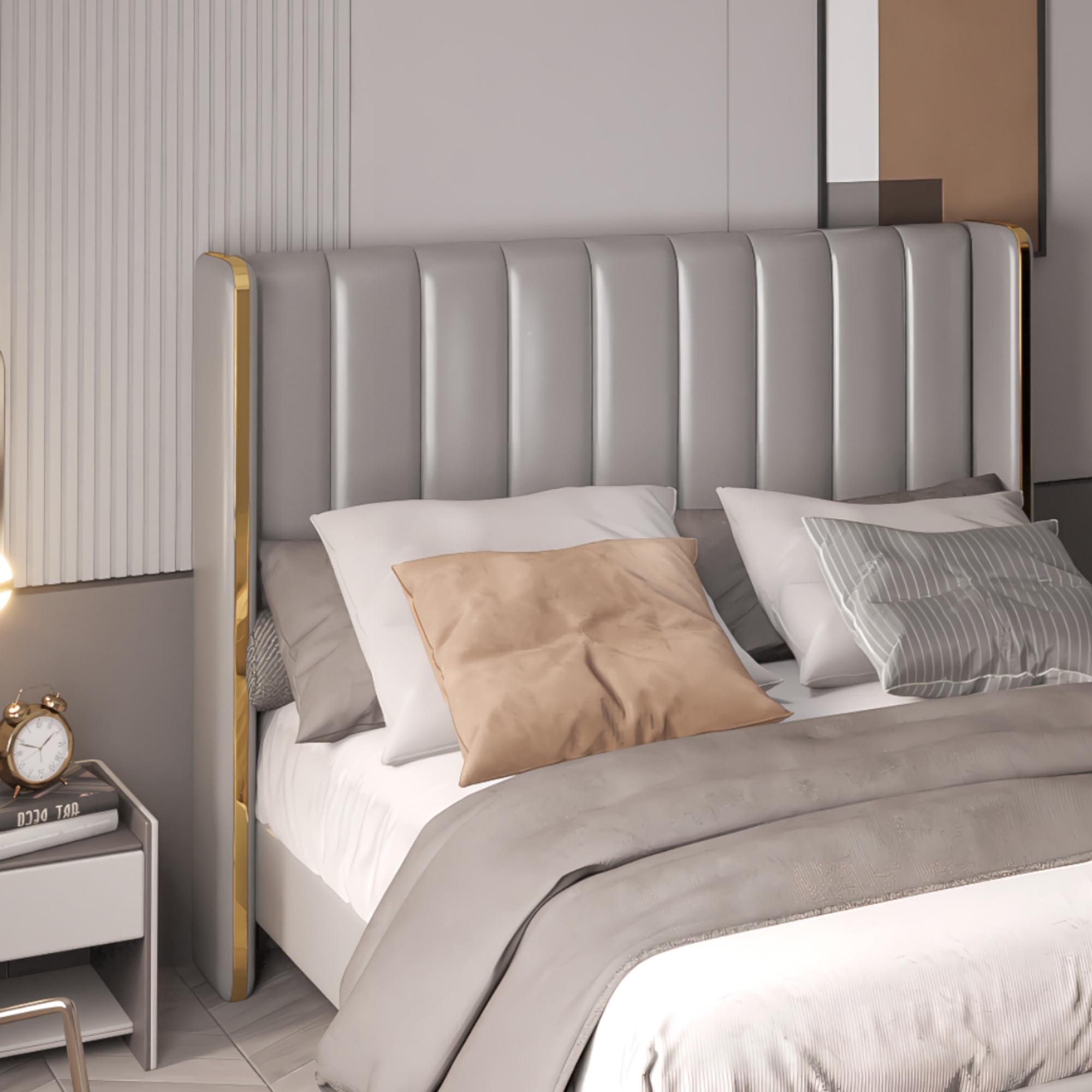 APRILSOUL King Size Channel Tufted Upholstered Platform PU Leather Bed Frame with 56“ Tall Headboard & Thickening Pinewooden Slats and Metal Leg,No Box Spring, for Bedroom,Light Gray