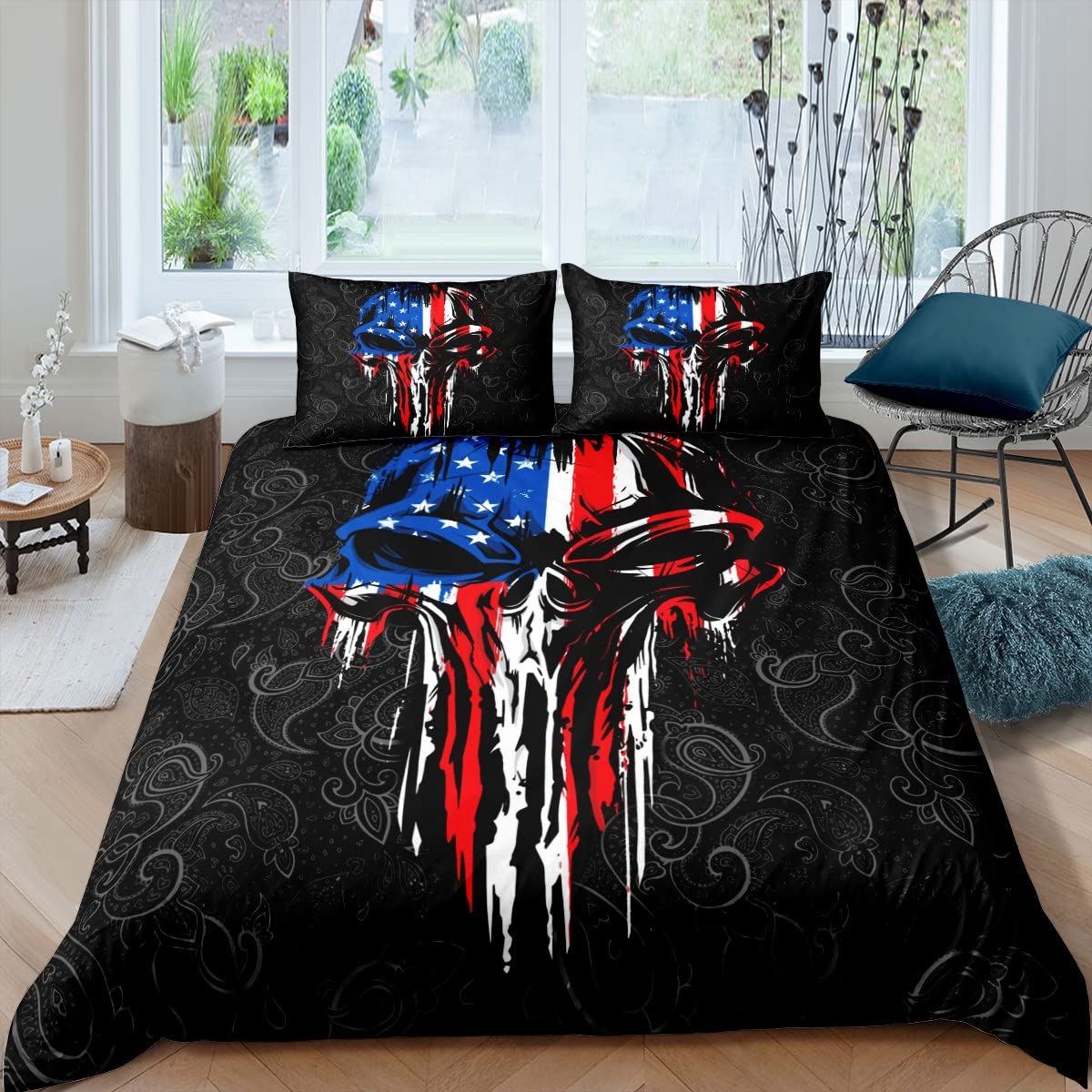 Paisley Duvet Cover Set Twin Size,American Flag Gothic Skull Print Bedding Set 2pcs for Kids Teens Room Decor,Halloween Theme Comforter Cover Soft Breathable Bedspreads Cover with 1 Pillowcase,Black