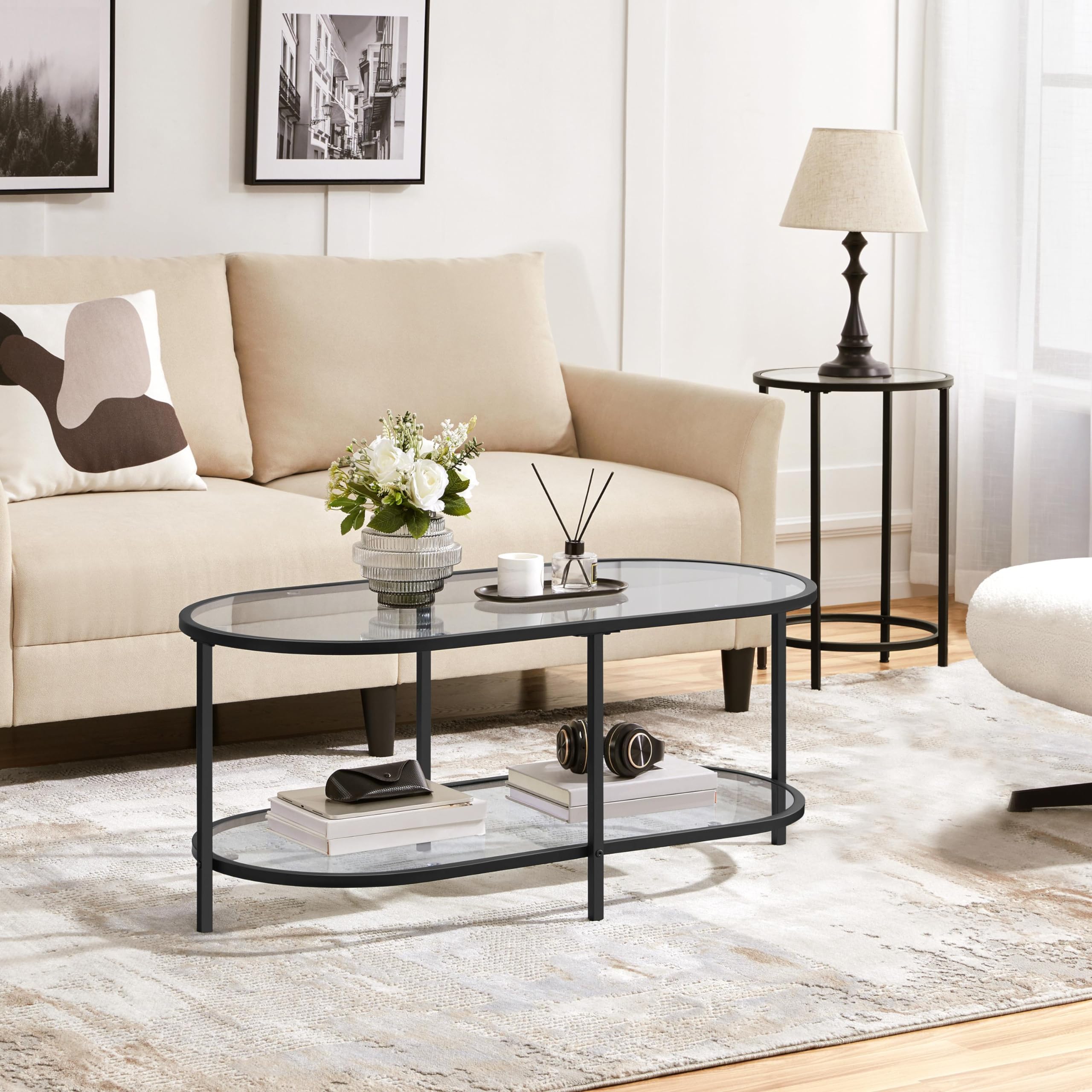 Yaheetech Glass Coffee Table, Black Small Coffee Table for Living Room, 2-Tier Modern Center Tea Table with Storage Shelf for Small Space, Apartment