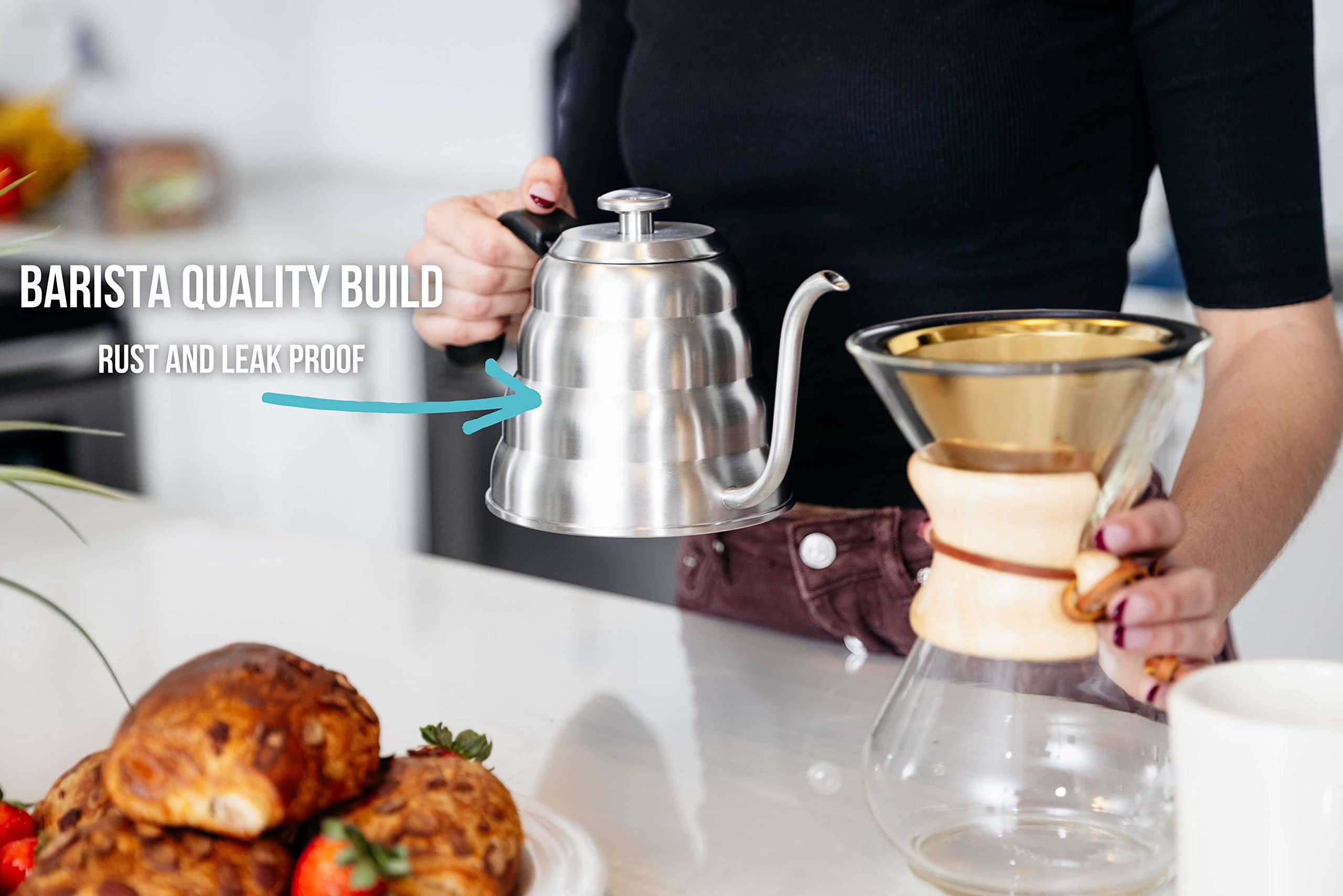 Barista Warrior Pour Over Coffee Kettle with Thermometer for Exact Temperature - Gooseneck Pour Over Kettle for Pour Over Coffee and Tea, Stainless Steel Kettle for all Stovetops (1.0 Liter, 34 fl oz)
