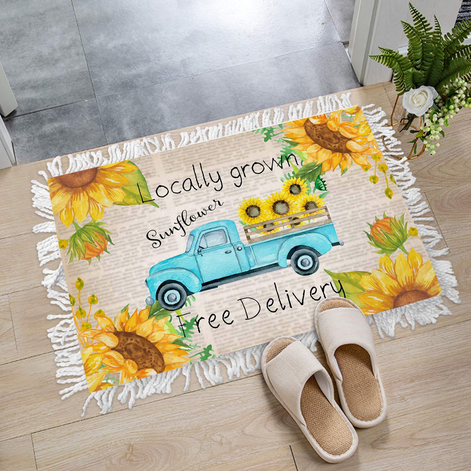 MuswannaA Indoor Doormat Welcome Mat with Tassel Sunflower Blue Truck Vintage Paper Background Entrance Door Mat Rubber Backing Non Slip Area Rug for Home Office Garden-, 16 Inch x 24 Inch