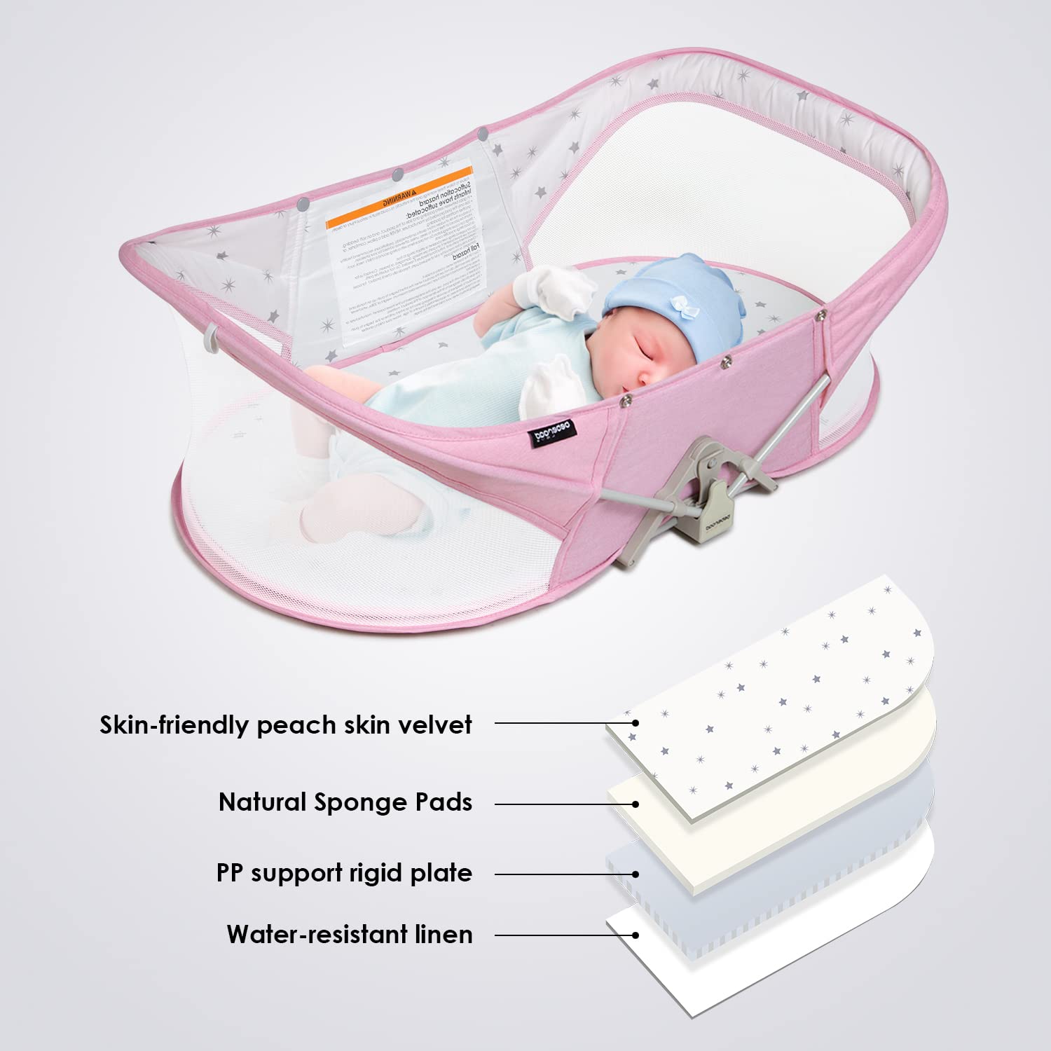 Beberoad Love Baby Travel Bassinet for Newborn Infants with Mosquito and Sunshade Net (Pink), 2 Pack 100% Cotton Bassinet Sheets (32 x 18 x 3 Inches)