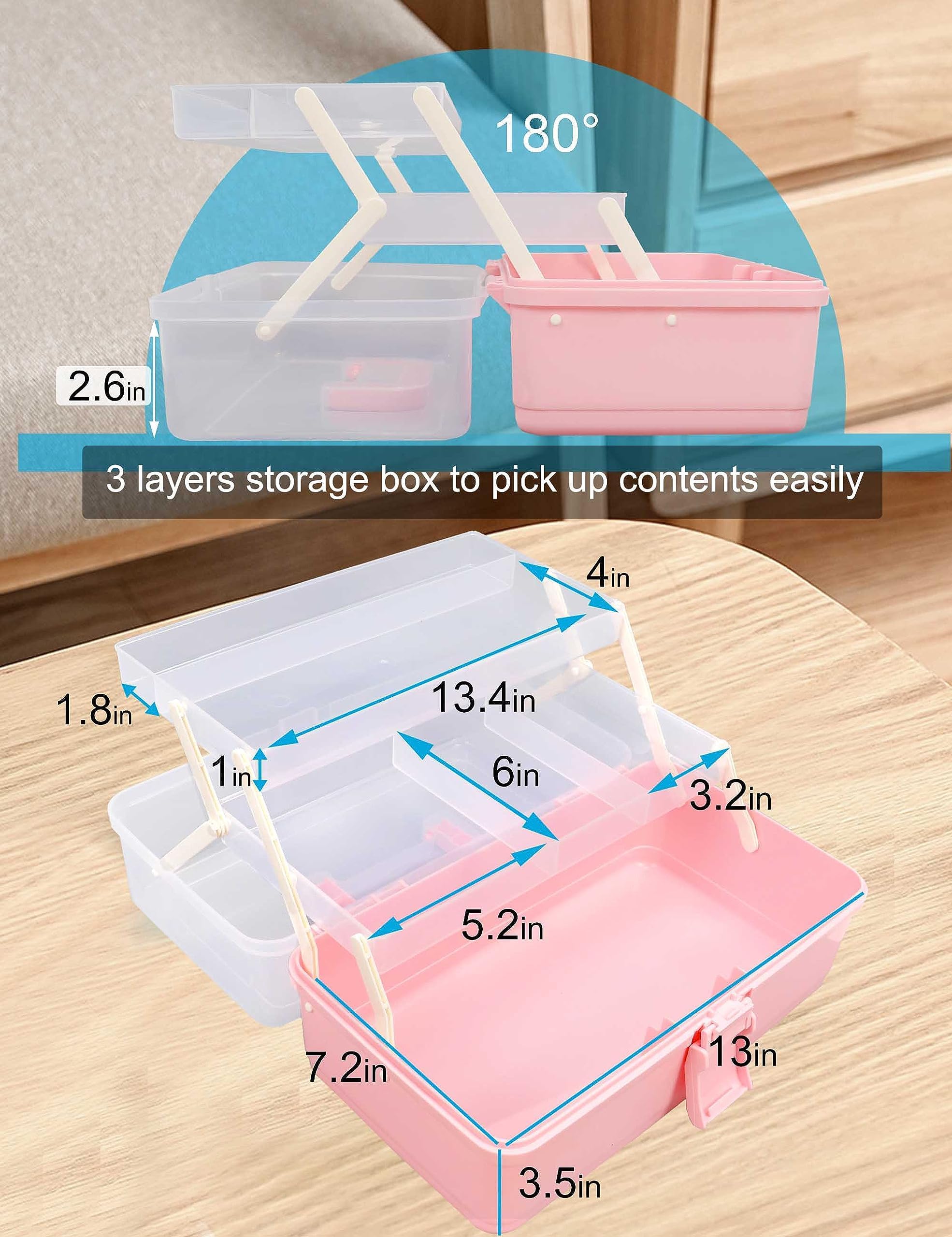 Facikono Pink Tackle Box 3 Layer Tackle Box Organizers Small Craft Storage Box Art Supply Storage Organizer Plastic Tool Box with Handle Sewing Box Container Art Bin