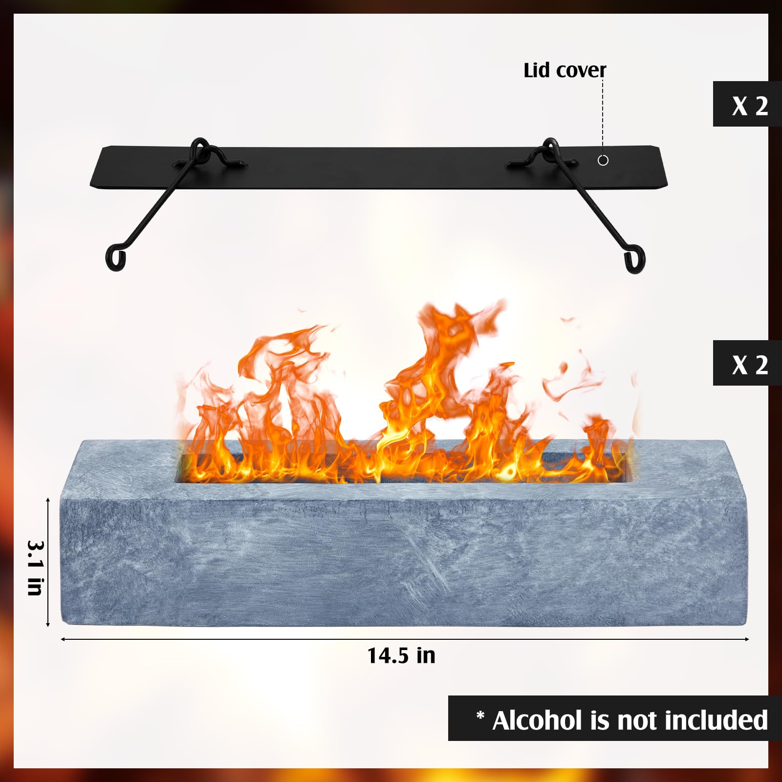 Barydat 2 Pieces Large Rectangle Tabletop Fire Pit Concrete Portable Table Top Fireplace Bioethanol Fireplace for Indoor Outdoor Garden, 14.5 x 3.1 x 3.1 Inches, Ethanol Fuel Not Included