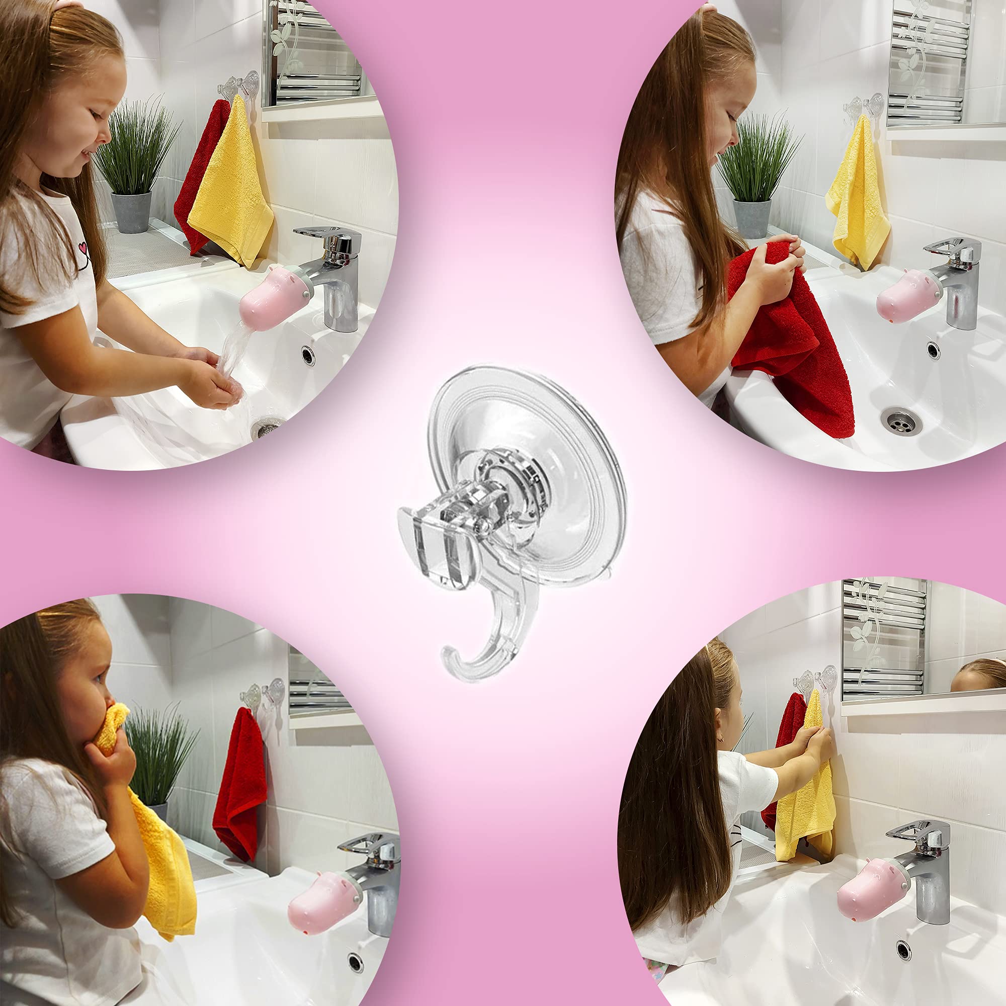 Bebinio Faucet Extender for Kids with Cylindrical Antisplash Spout & Strong Suction Towel Hanging Hook, Set of 4 Pcs (Pink)