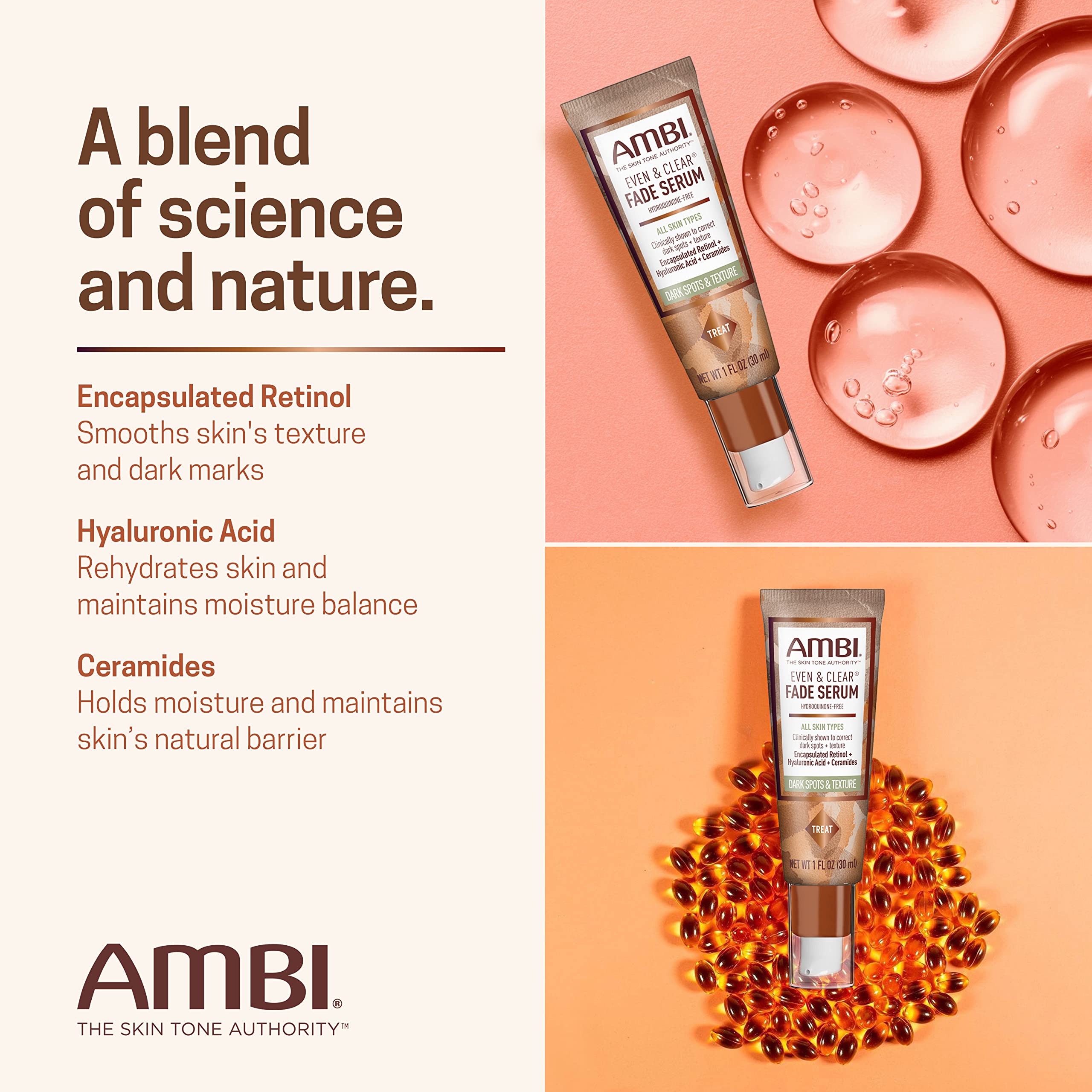 Ambi Even & Clear Fade Serum, Hyperpigmentation Treatment, Hydroquinone-free, Dark Spot Corrector, Results In As Little As 4 Weeks, Retinol, Hyaluronic Acid, Niacinamide, Ceramides, 1 Fl Oz