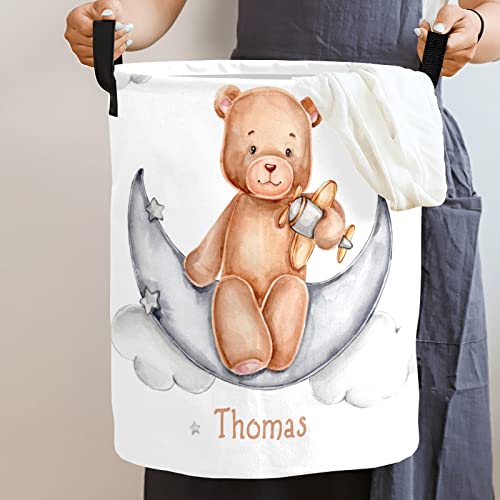 Bear Sits on Moon Personalized Laundry Hamper,Custom Name Collapsible Waterproof Laundry Basket Storage Bins with Handle for Clothes,Toy,Nursery