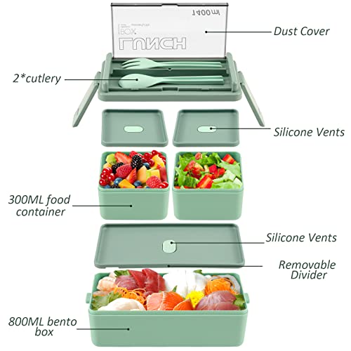 CHZZMS 2 Pack Bento Box Adult Lunch Box,49OZ Leakproof Eco-Friendly Stackable Bento Lunch Box Meal Prep for Dining Out, Work, Picnic, School (green+blue)