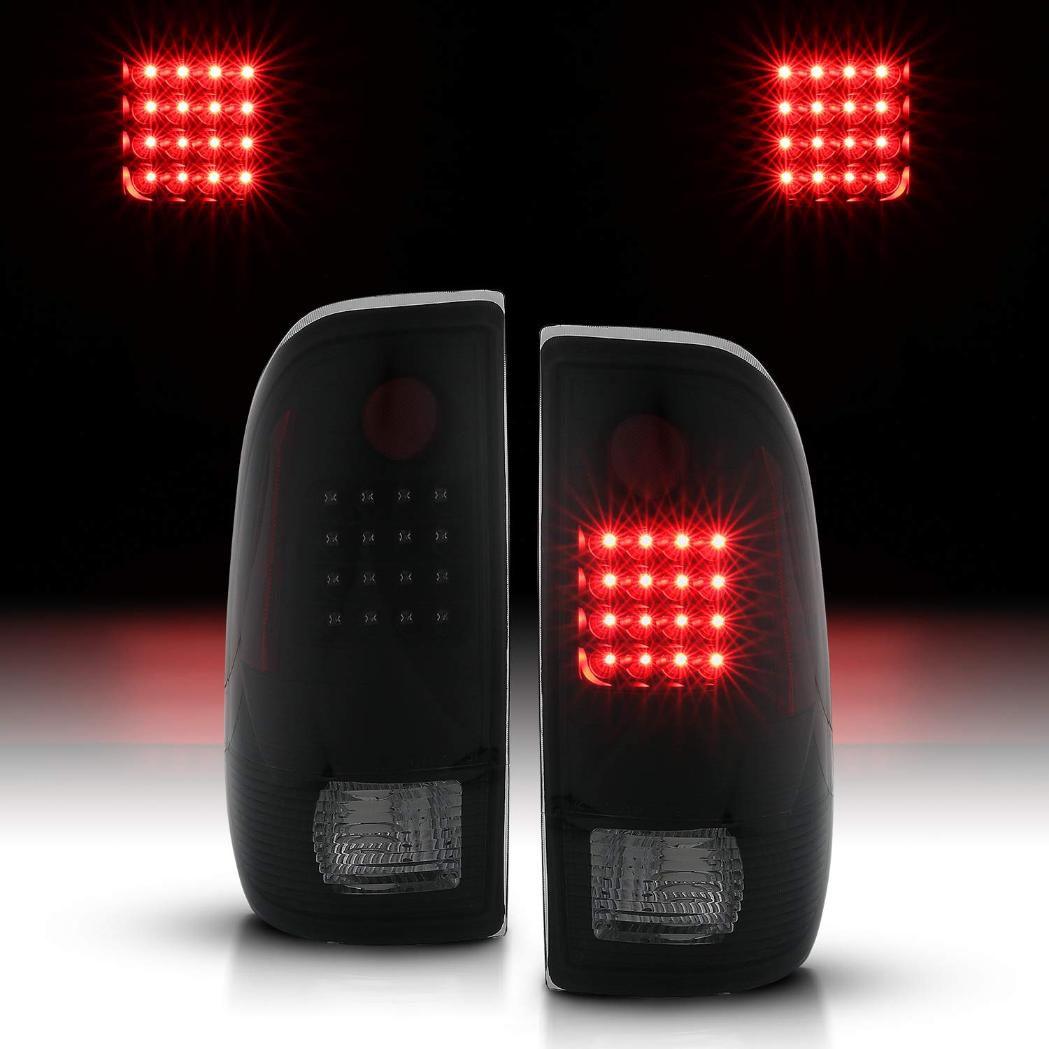 AmeriLite Dark Smoke Replacement LED Brake Turn Signal Tail Lights Pair For 97-03 Ford F150 / 99-07 F250 F350 - Driver and Passenger Set