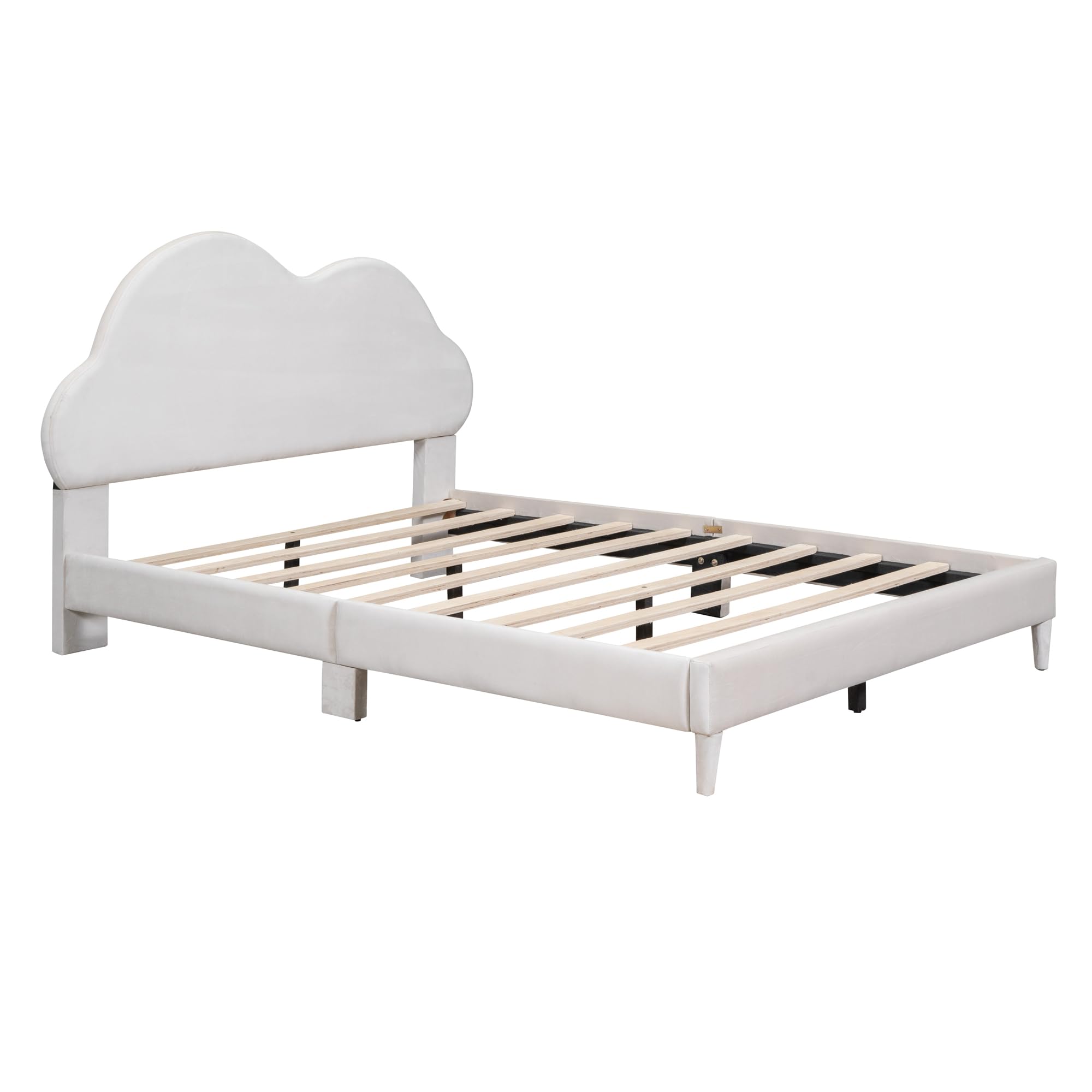 SOFTSEA Kids Upholstered Full Bed, Cute Platform Bed with Cloud-Shape Headboard, Velvet Upholstered Princess Bed for Girls Boys, No Box Spring Needed (Beige)