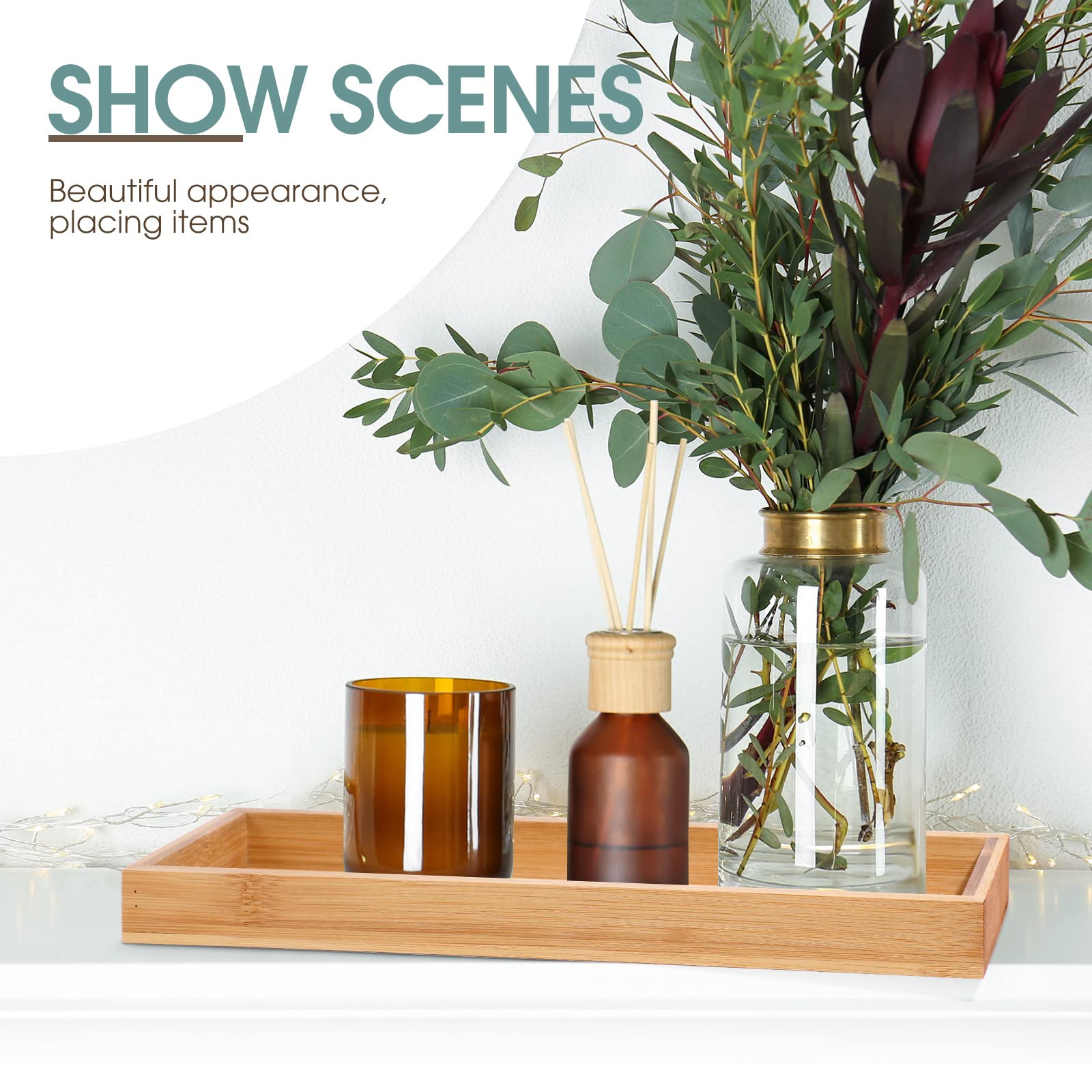 Bamboo Tea Serving Tray 3 Pcs Decorative Multi Use Bathroom Counter Tray with Edges Bamboo Vanity Tray for Dresser Counter Food Coffee Tea Snack Tissues Candles, 11 x 4 Inch